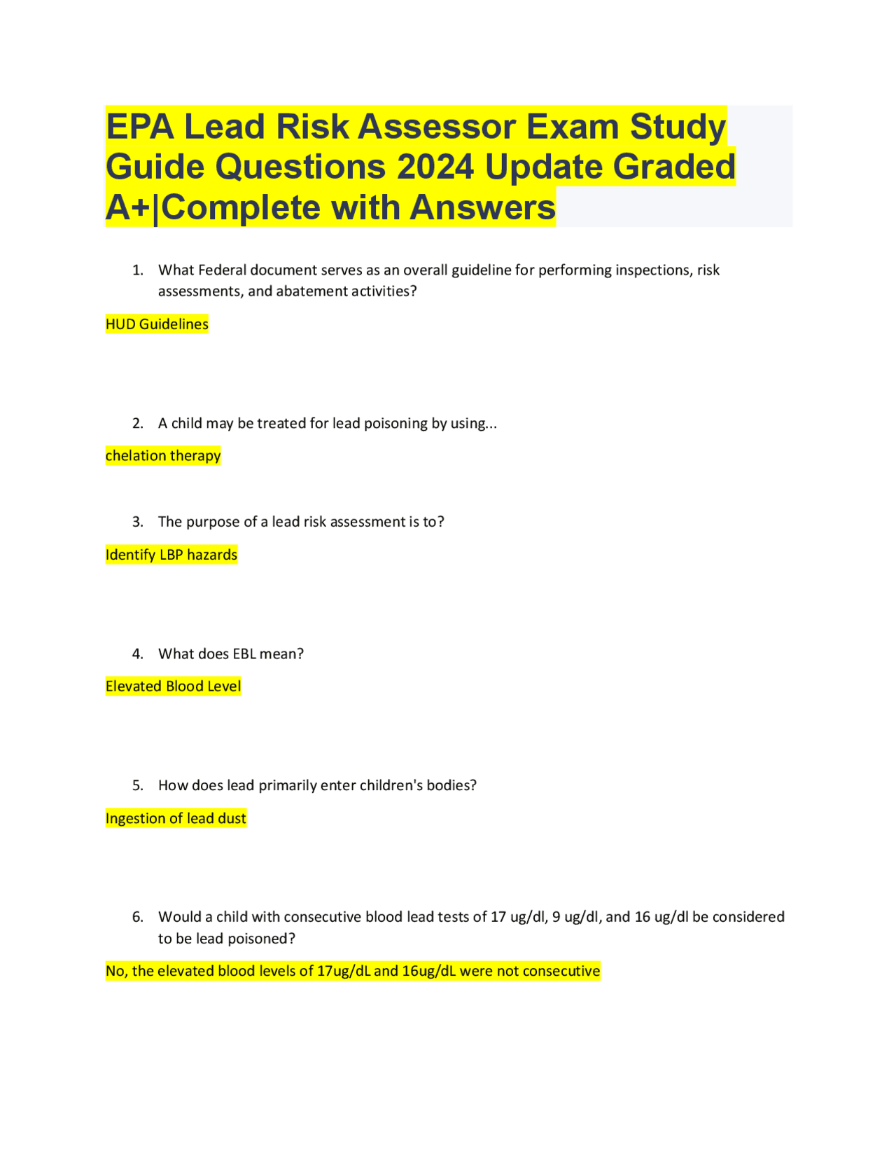 EPA Lead Risk Assessor Exam Study Guide Questions 2024 Update Graded A+ ...