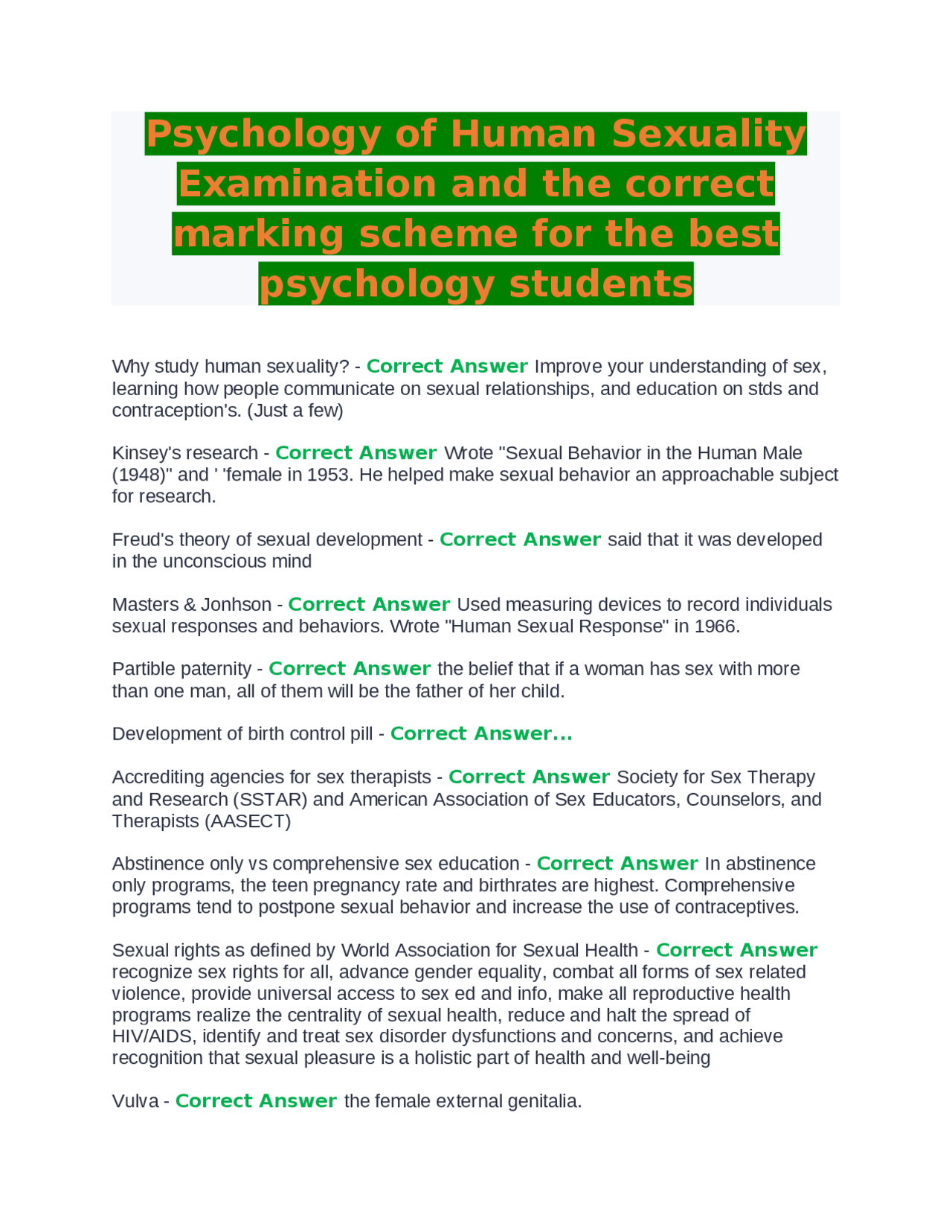Psychology of Human Sexuality Examination and the correct marking ...