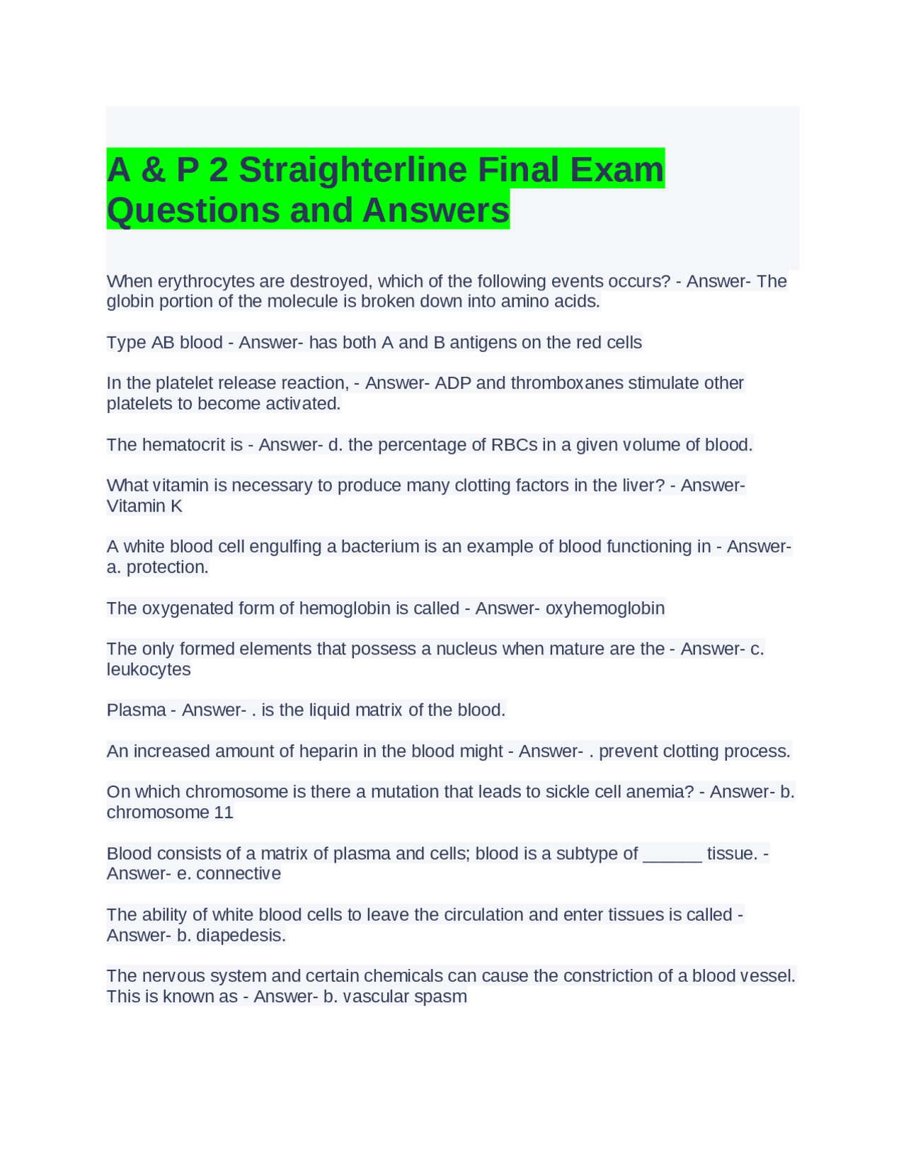 A & P 2 Straighterline Final Exam Questions and Answers | Exams ...