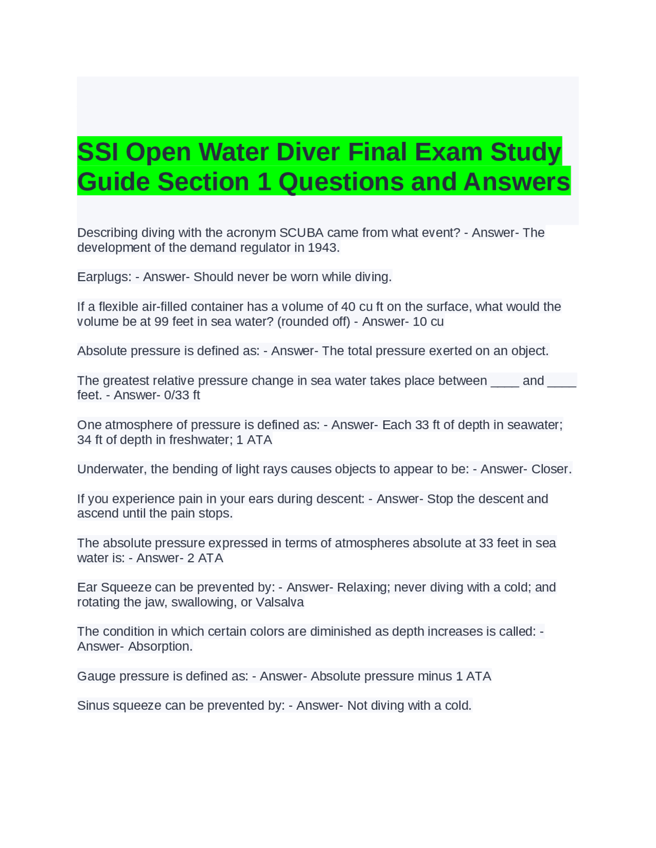 SSI Open Water Diver Final Exam Study Guide Section 1 Questions and Answers | Exams Advanced ...