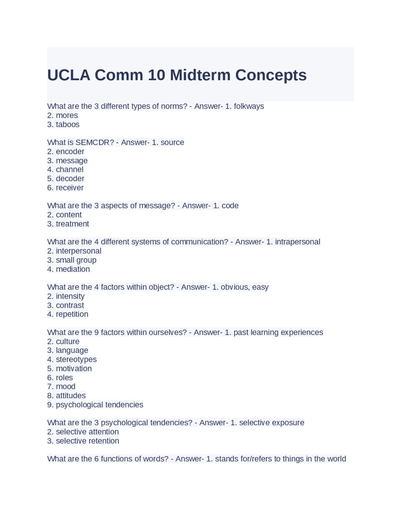 UCLA Comm 10 Midterm Concepts Exam Questions and Answers | Exams Advanced Education | Docsity