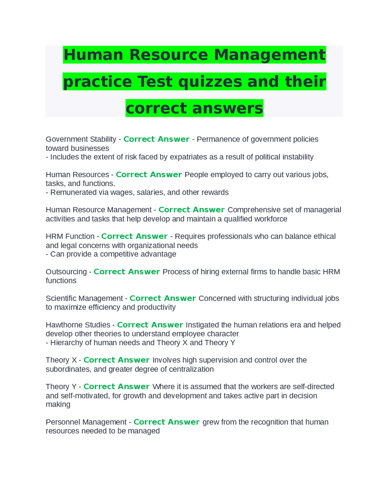 Human Resource Management practice Test quizzes and their correct ...