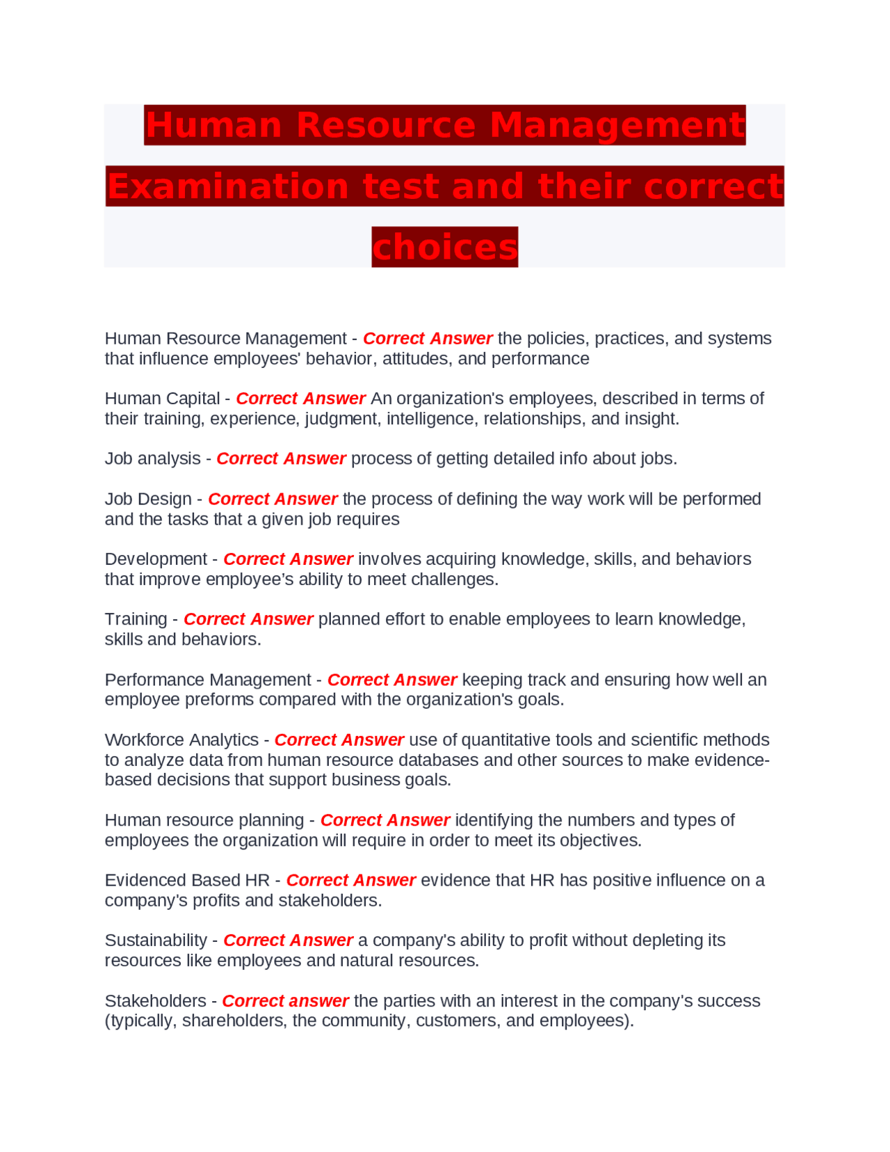 Human Resource Management Examination test and their correct choices ...
