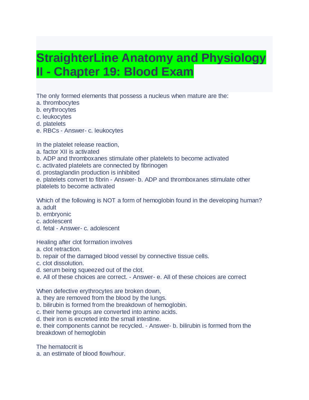 StraighterLine Anatomy and Physiology II - Chapter 19: Blood Exam ...