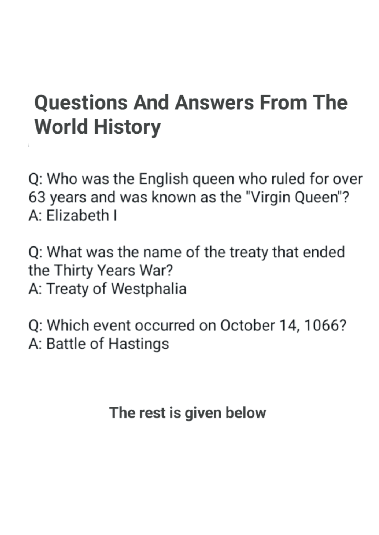Questions And Answers From The World History | Exercises History | Docsity