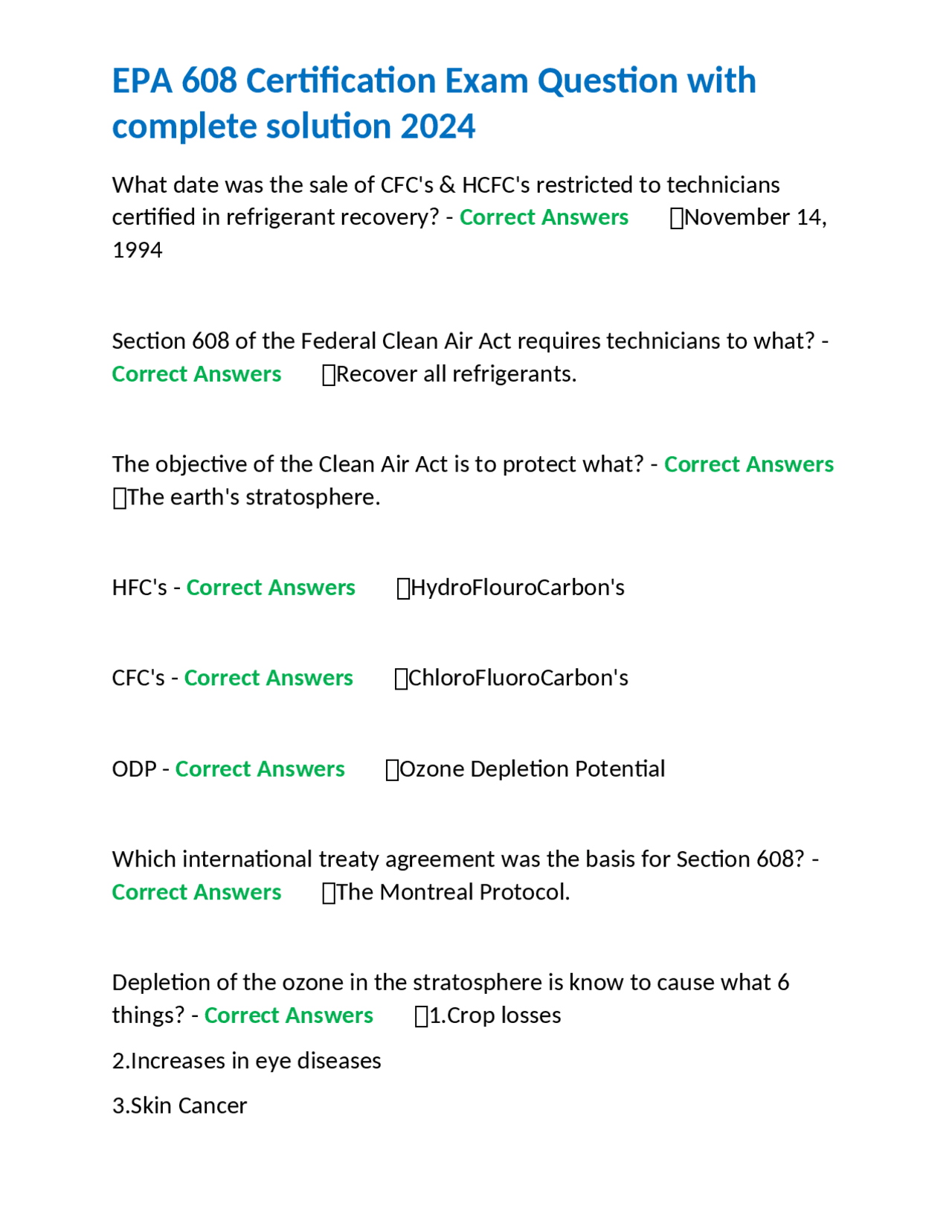 EPA 608 Certification Exam Question with complete solution 2024 | Exams ...