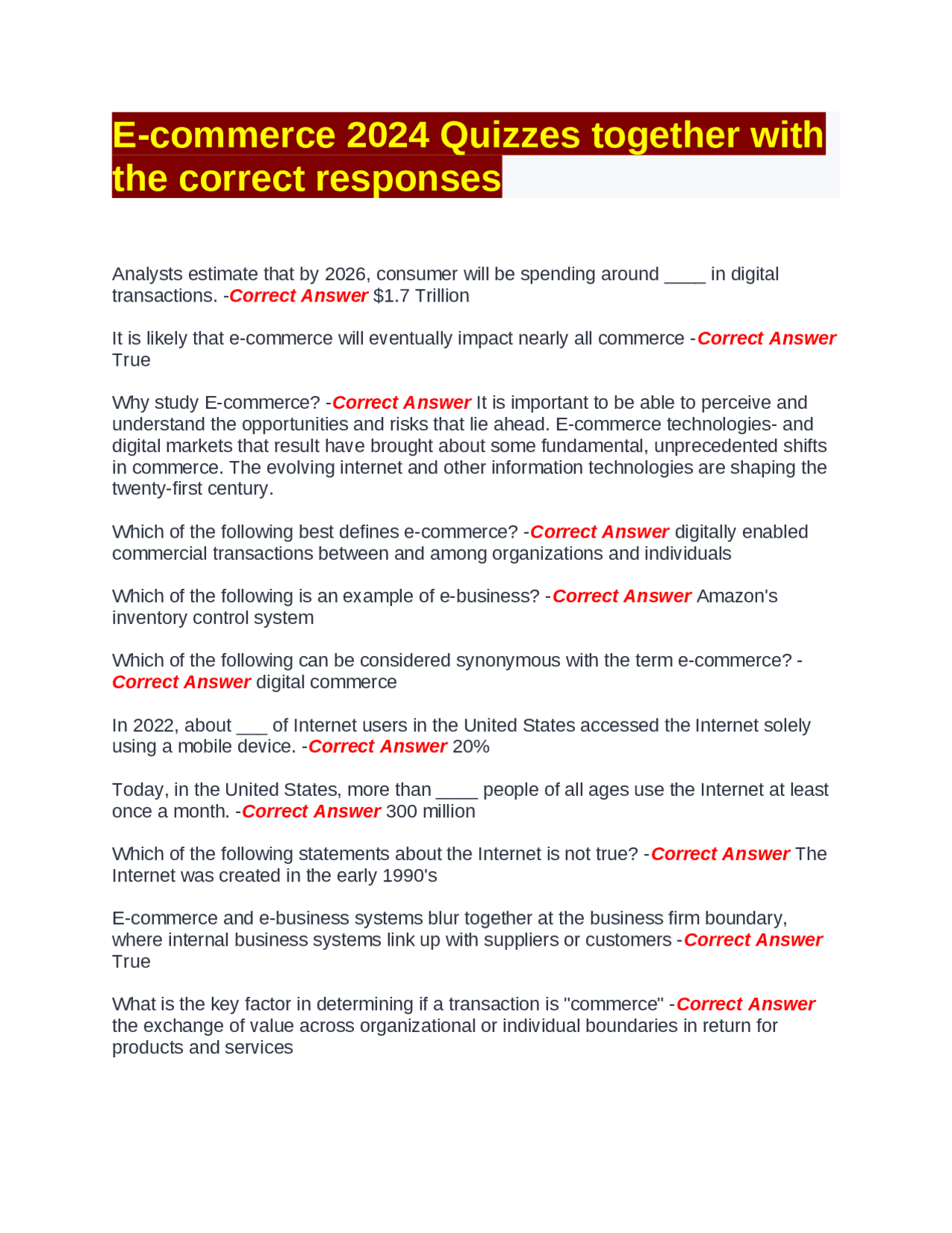 E-commerce 2024 Quizzes together with the correct responses | Exams ...