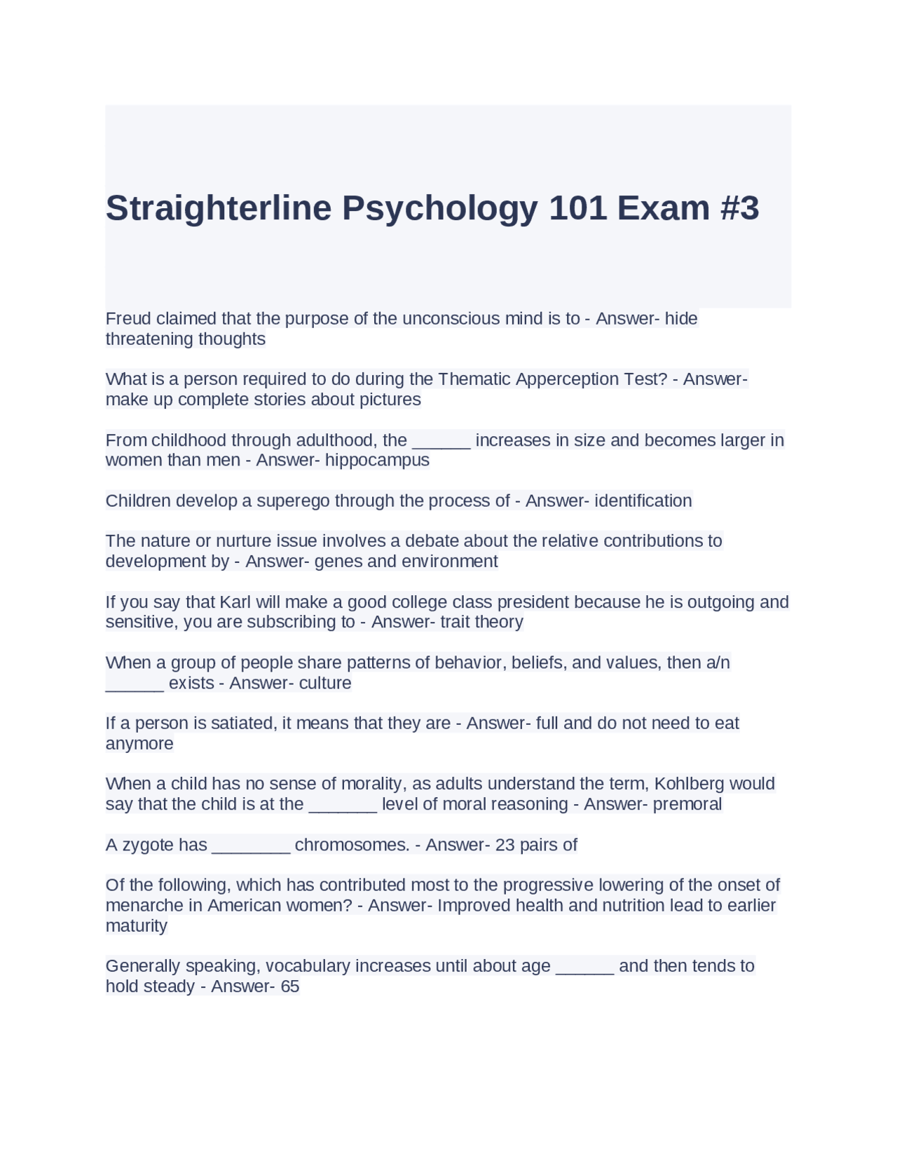 Straighterline Psychology 101 Exam #3 with correct Answers | Exams ...