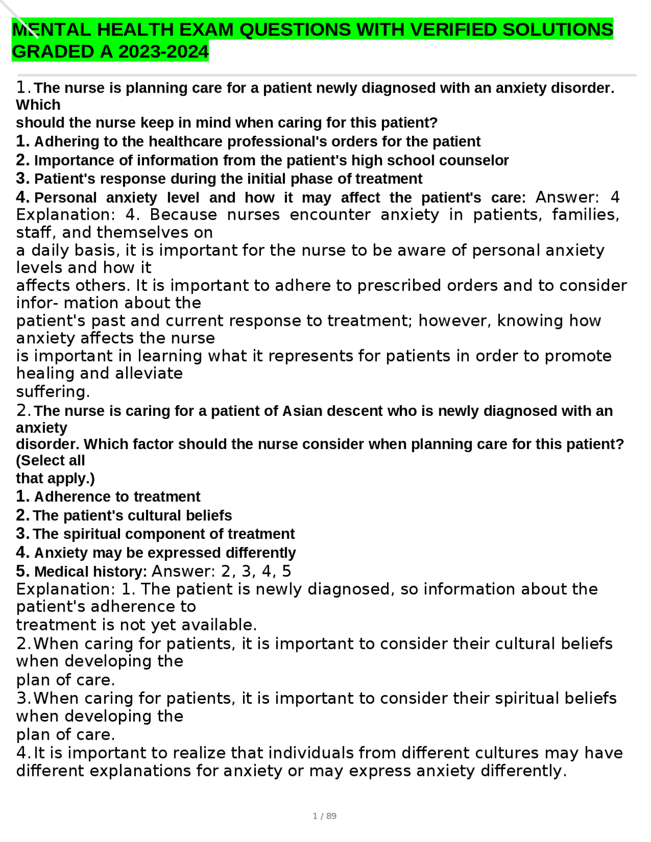 MENTAL HEALTH EXAM QUESTIONS WITH VERIFIED SOLUTIONS GRADED A 2023-2024 ...