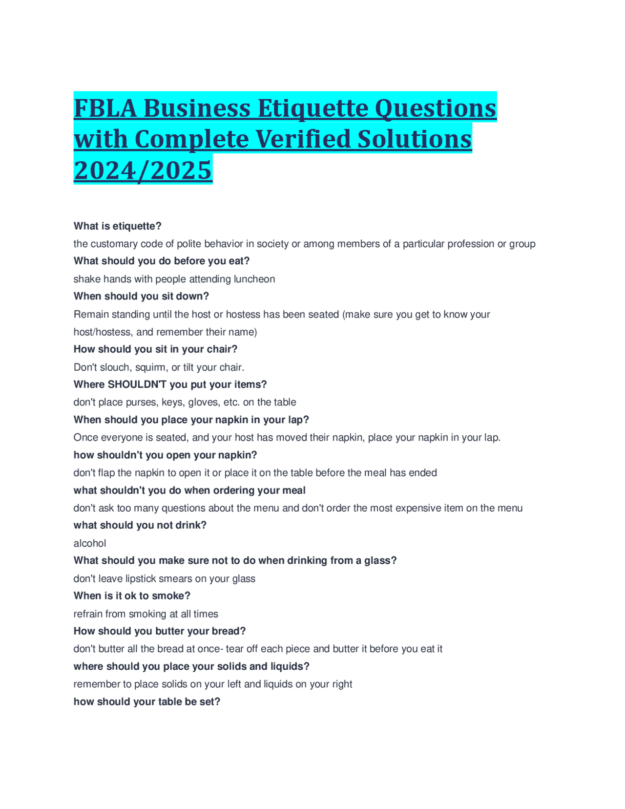 FBLA Business Etiquette Questions with Complete Verified Solutions 2024 ...