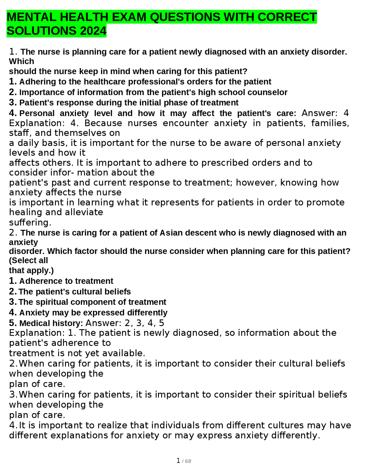MENTAL HEALTH EXAM QUESTIONS WITH CORRECT SOLUTIONS 2024 | Exams ...