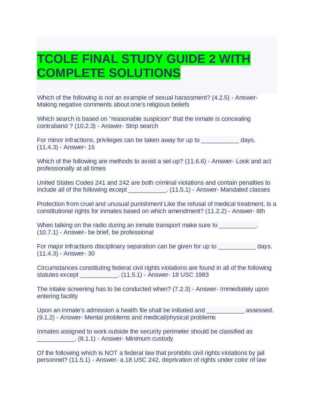TCOLE FINAL STUDY GUIDE 2 WITH COMPLETE SOLUTION | Exams Advanced ...