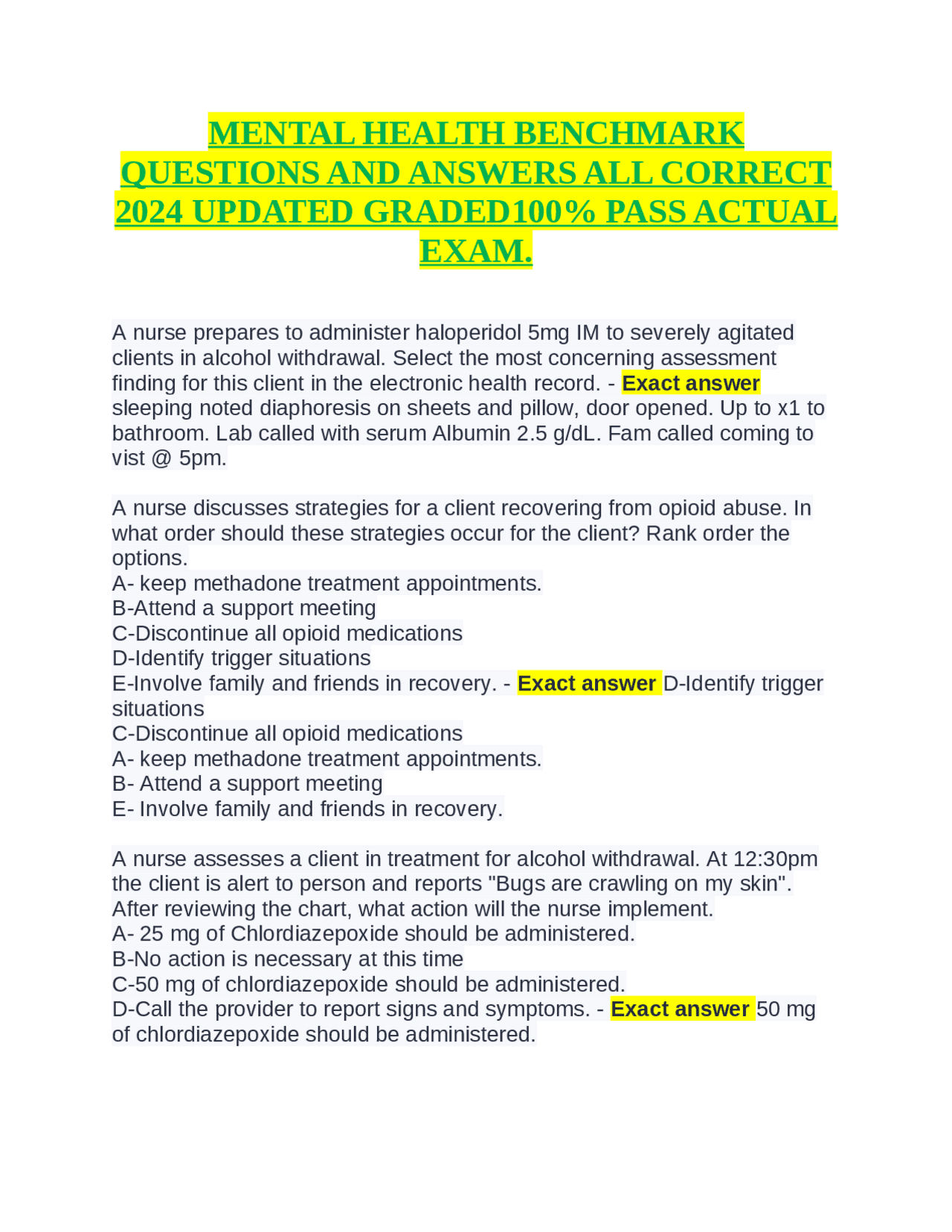 Mental health questions with complete answers guarantee A+ | Exams ...