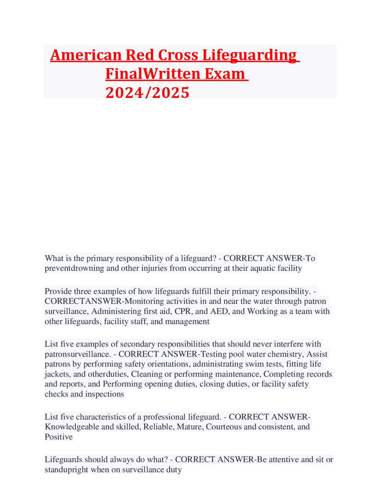 LIFEGUARD REDCROSS STUDY GUIDE QUESTIONS & ANSWERS LATEST 2023/2024 ...