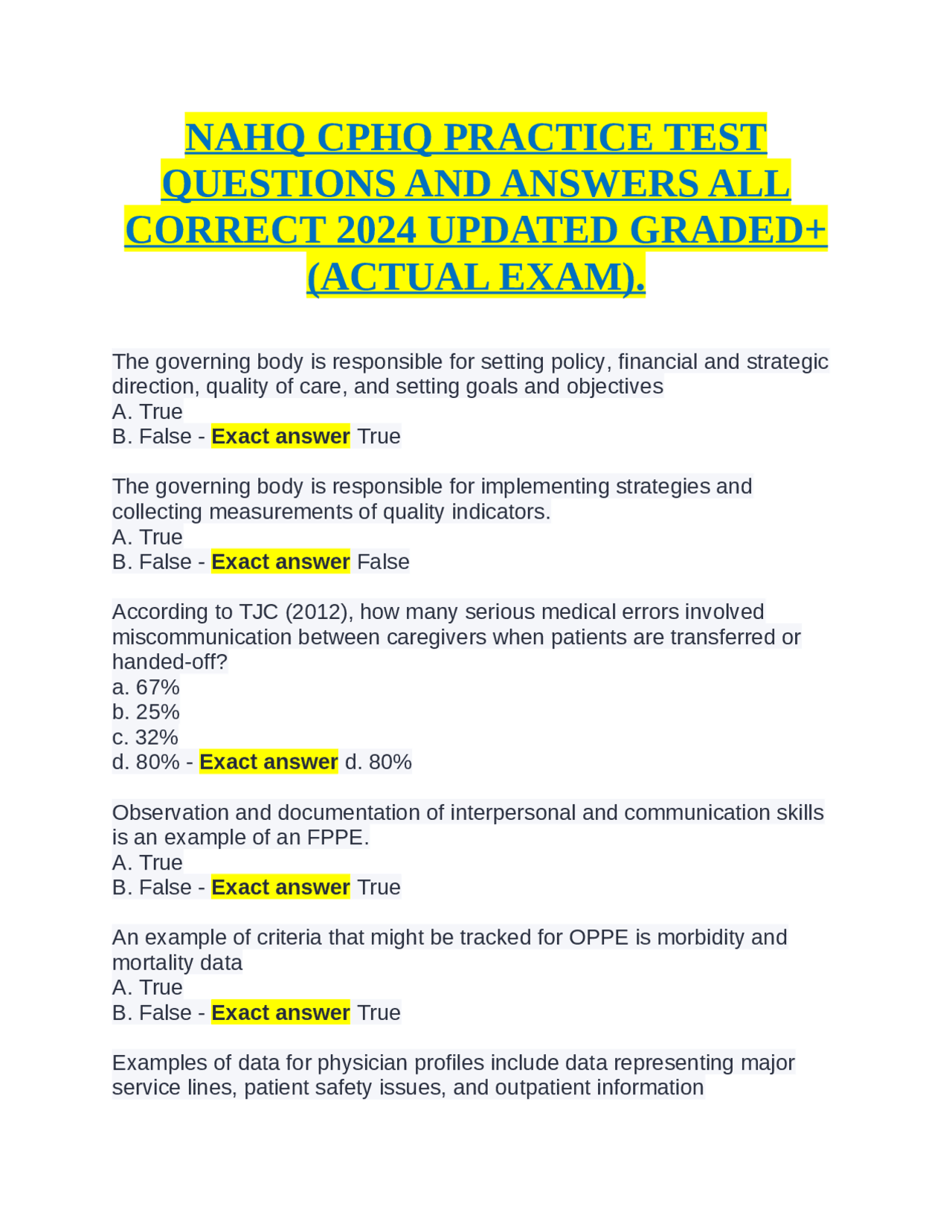 NAHQ CPHQ Practice Test Questions and verified Answers | Exams Nursing ...