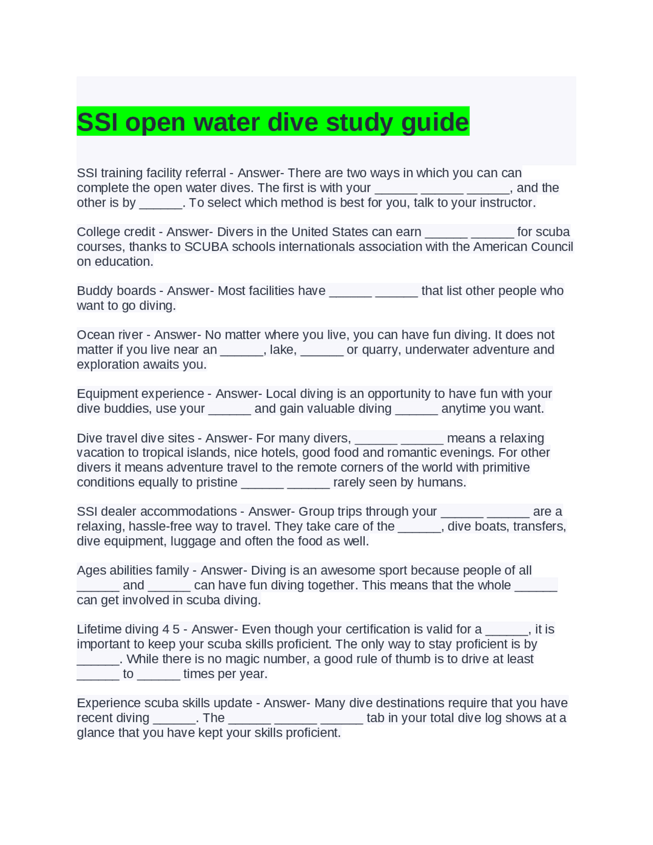 SSI open water dive study guide 2024 | Exams Advanced Education | Docsity