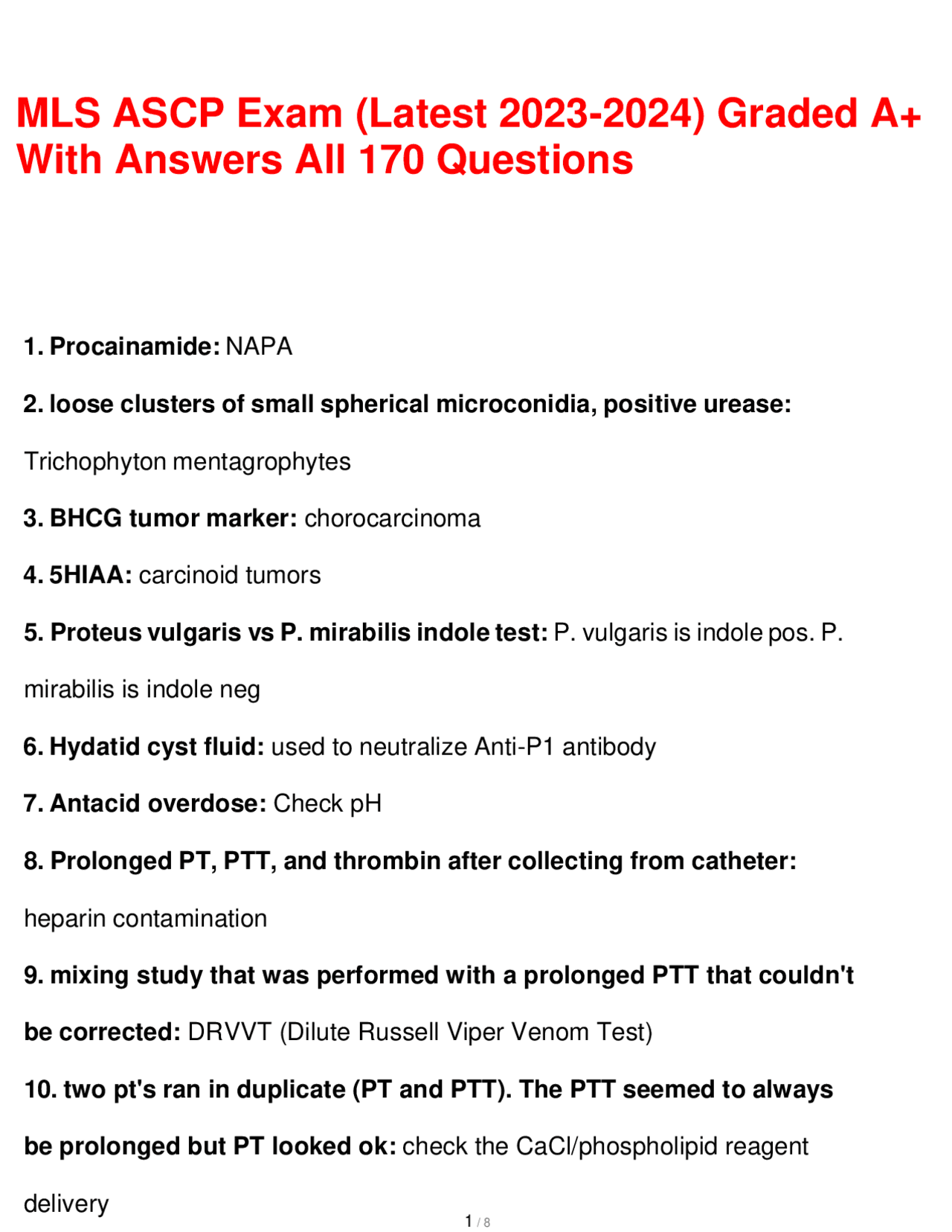 MLS ASCP Exam (Latest 2023-2024) Graded A+ With Answers All 170 ...