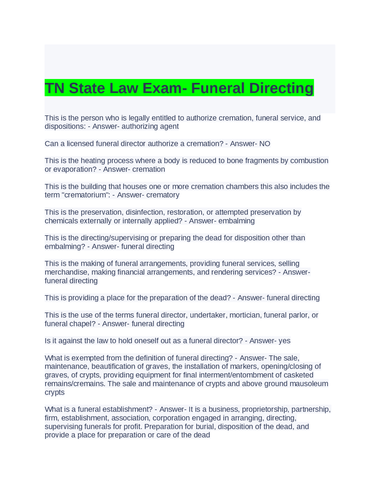 TN State Law Exam- Funeral Directing Questions and Answers | Exams ...