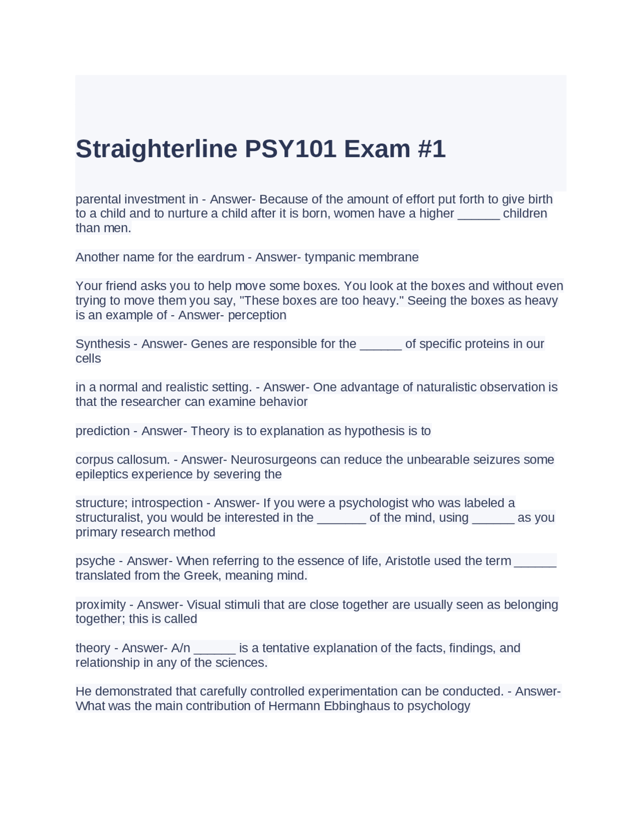 Straighterline PSY101 Exam #1 Questions and Answers | Exams Advanced ...