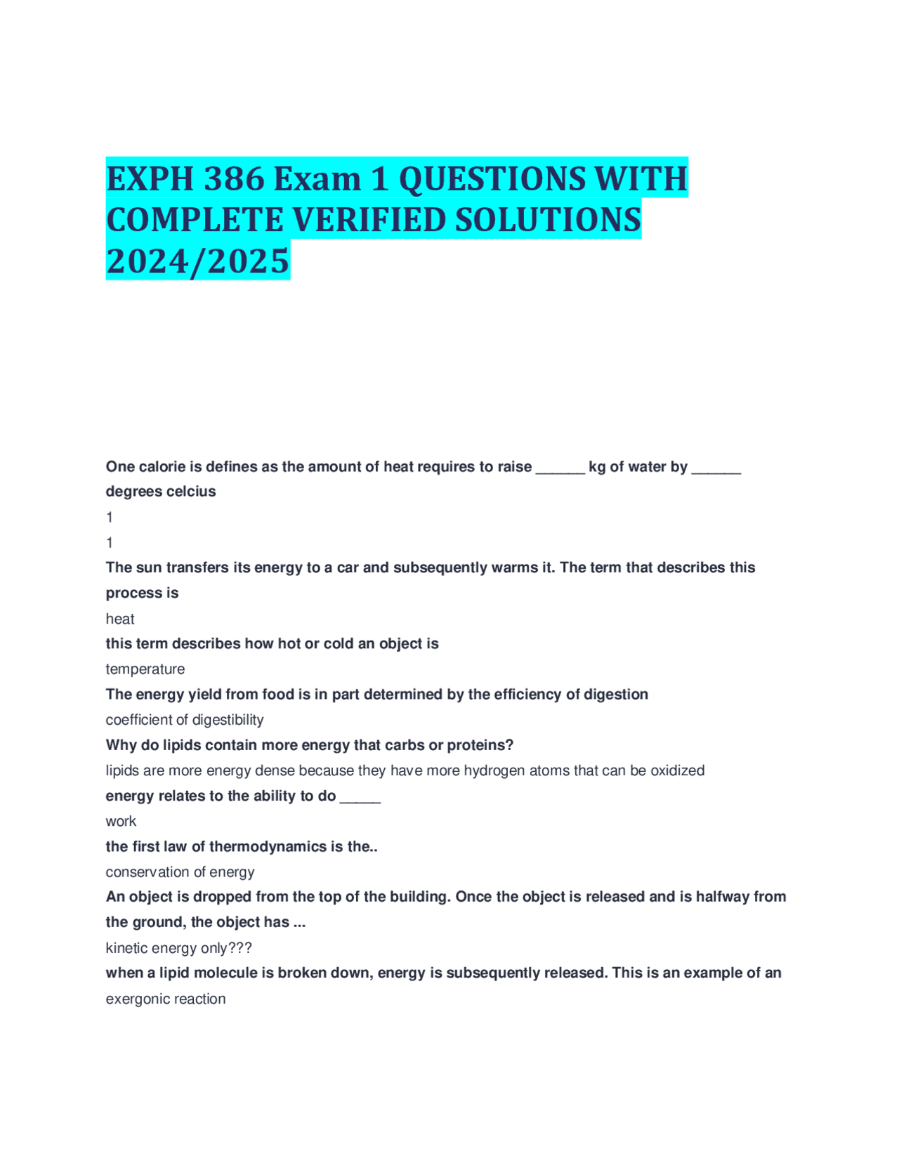 EXPH 386 Exam 1 QUESTIONS WITH COMPLETE VERIFIED SOLUTIONS 2024/2025 ...