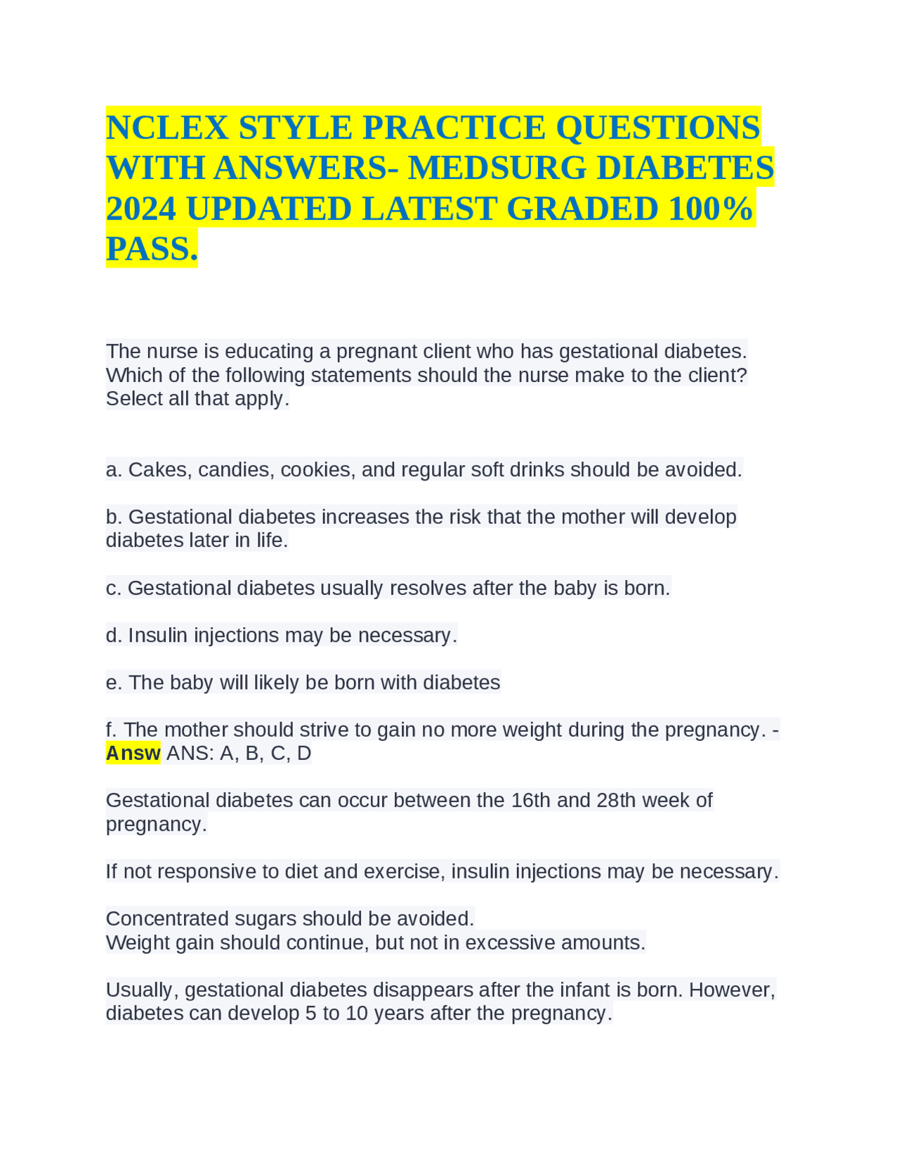 The NCLEX style practice questions with answers VERIFIED& GUARANTEED ...