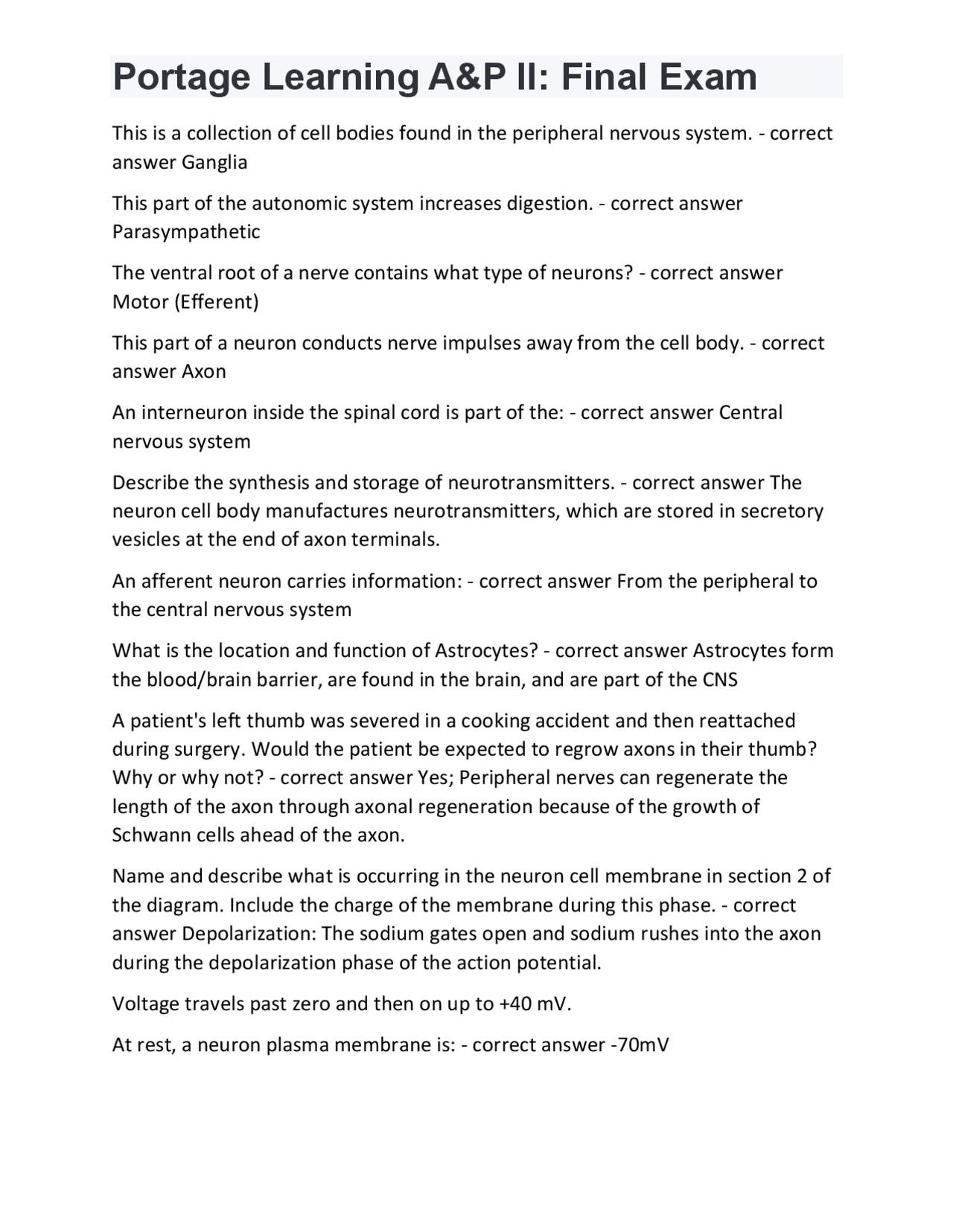 Portage Learning A&P II: Final Exam (170 Q&A) | Exams Nursing | Docsity