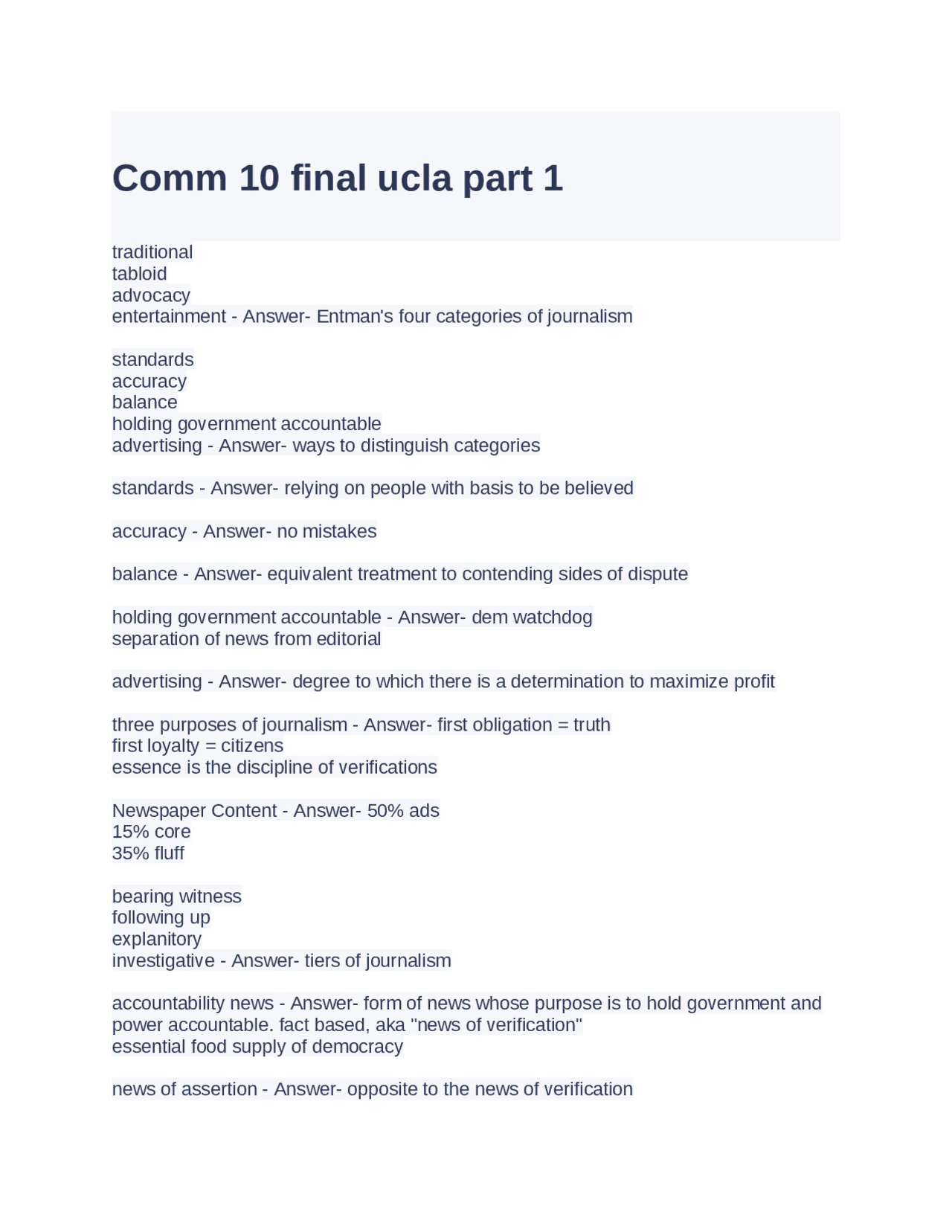Comm 10 final ucla part 1 exam questions and answers | Exams Advanced Education | Docsity