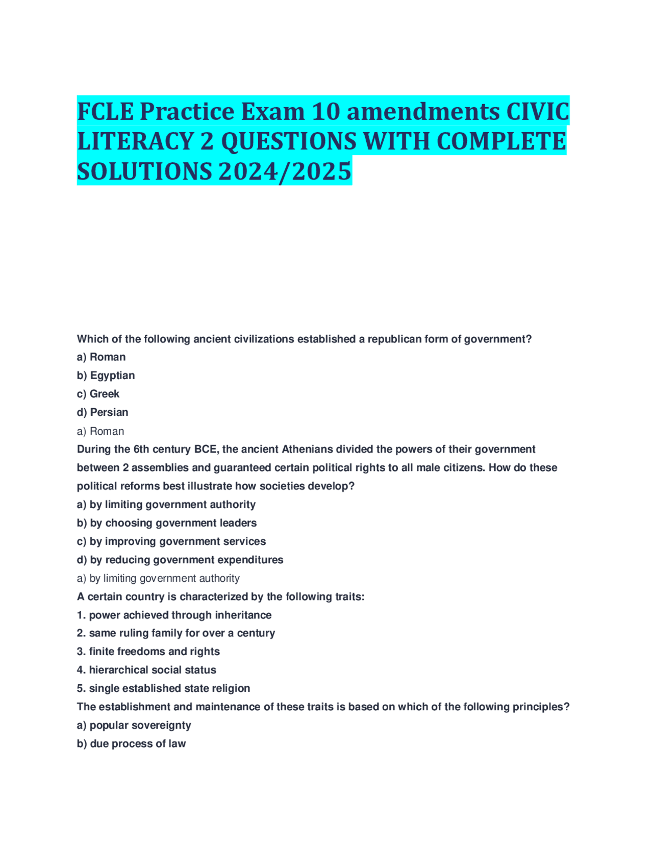 FCLE Practice Exam 10 amendments CIVIC LITERACY 2 QUESTIONS WITH ...