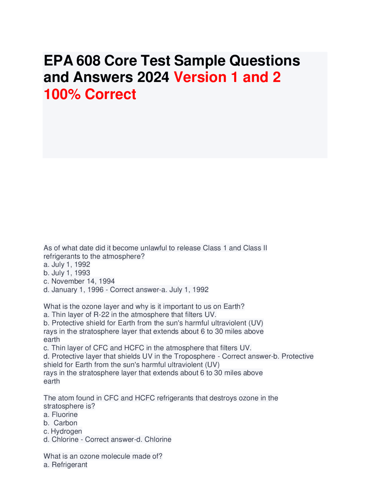 EPA 608 Core Test Sample Questions and Answers 2024 Version 1 and 2 100 ...