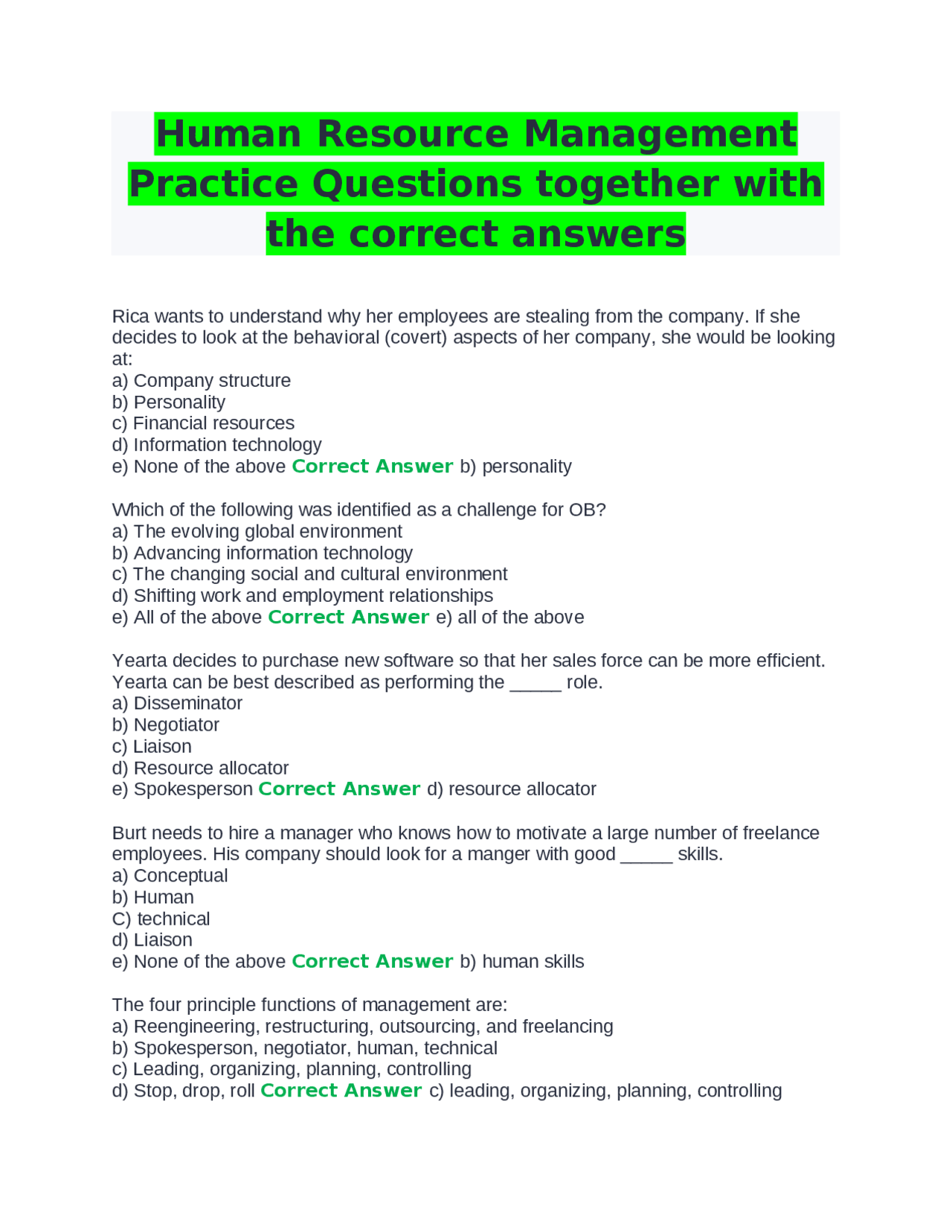 Human Resource Management Practice Questions together with the correct ...