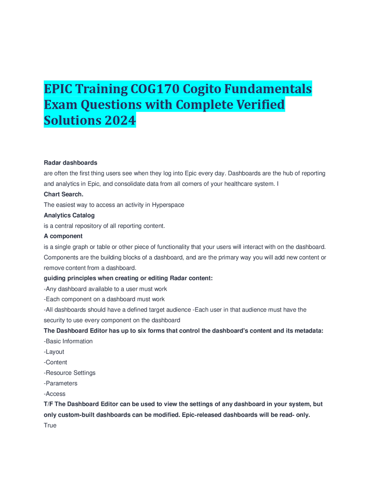 EPIC Training COG170 Cogito Fundamentals Exam Questions with Complete ...