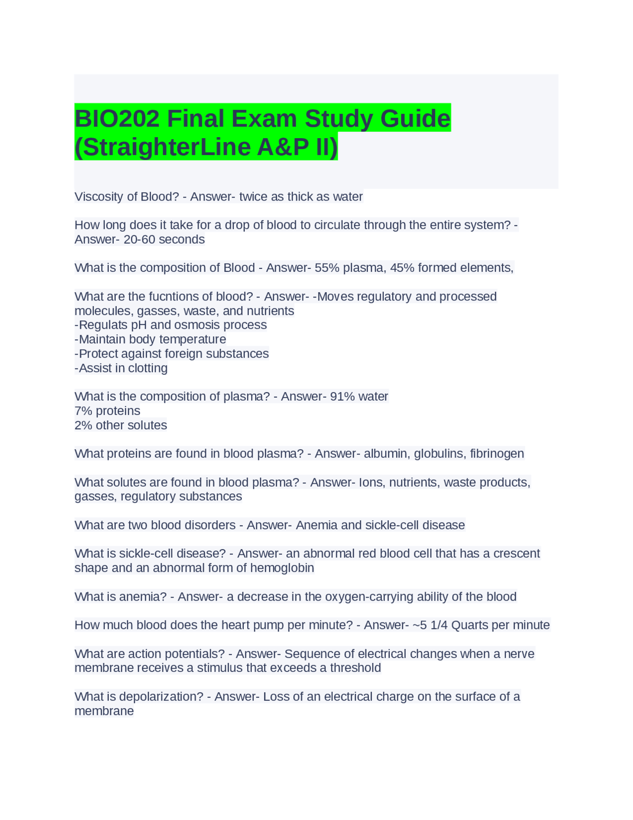 BIO202 Final Exam Study Guide (StraighterLine A&P II) Quwstions and ...
