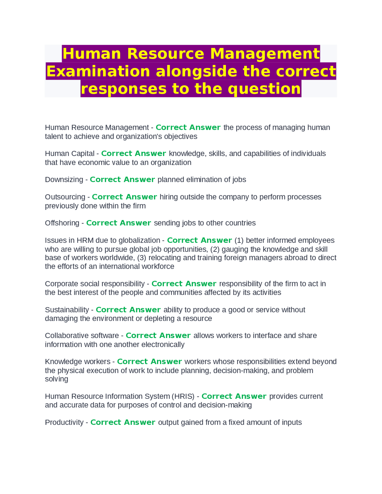 Human Resource Management Examination alongside the correct responses ...