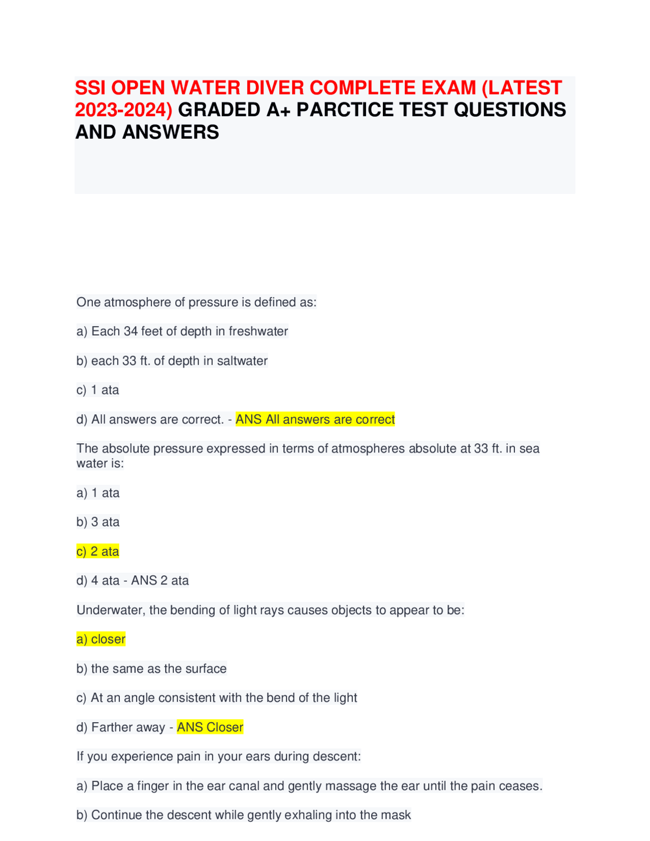 SSI OPEN WATER DIVER COMPLETE EXAM (LATEST 2023-2024) GRADED A+ ...