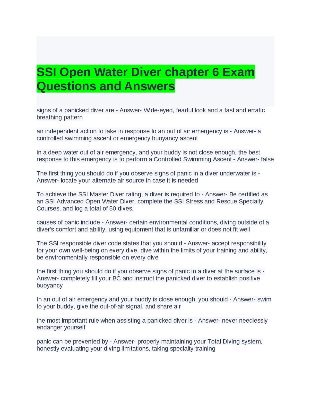 SSI Open Water Diver chapter 6 Exam Questions and Answers | Exams ...
