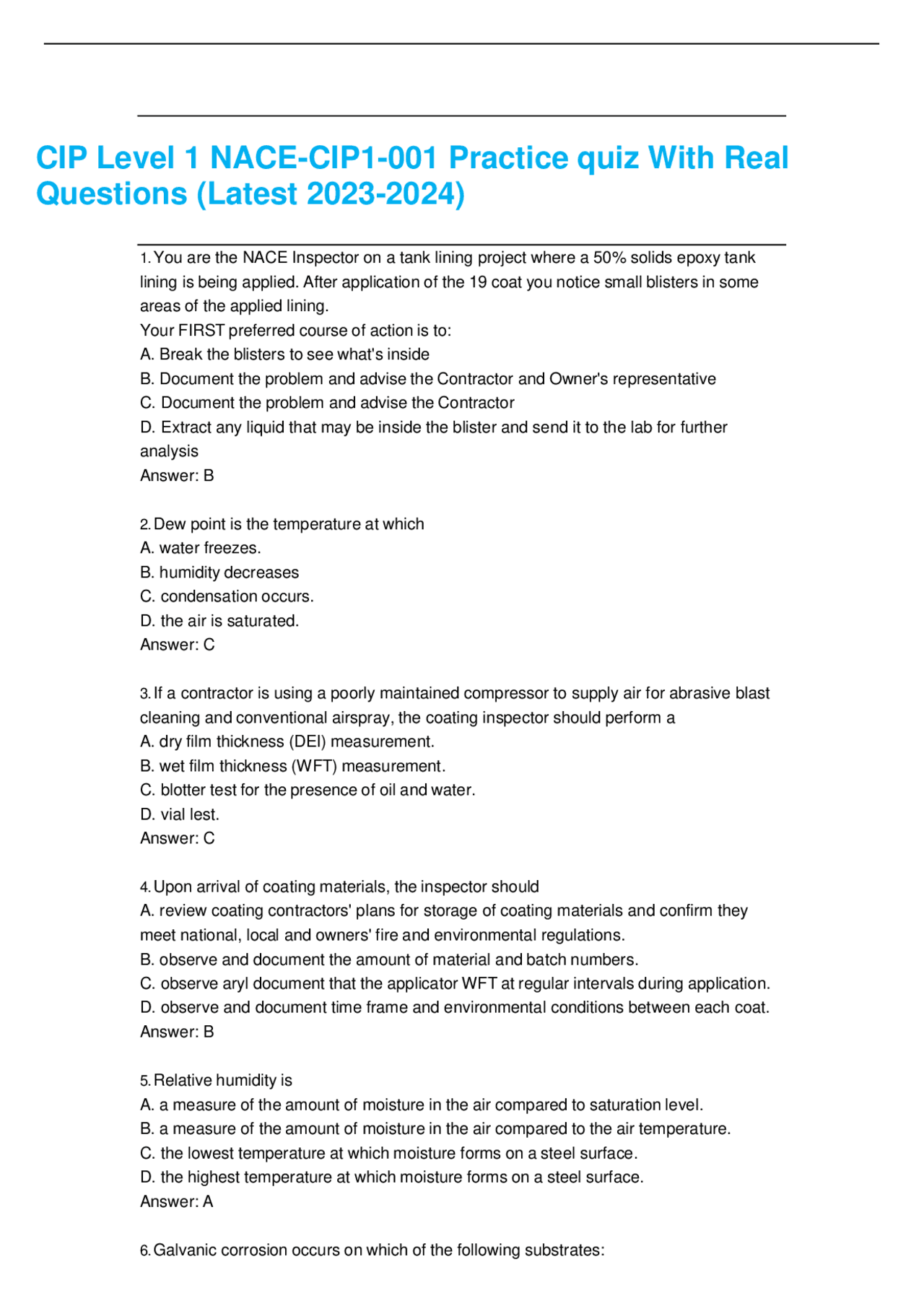 CIP Level 1 NACE-CIP1-001 Practice quiz With Real Questions (Latest ...