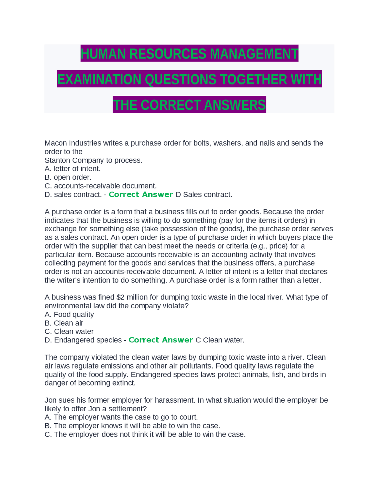 HUMAN RESOURCES MANAGEMENT EXAMINATION QUESTIONS TOGETHER WITH THE CORRECT ANSWERS | Exams Human ...