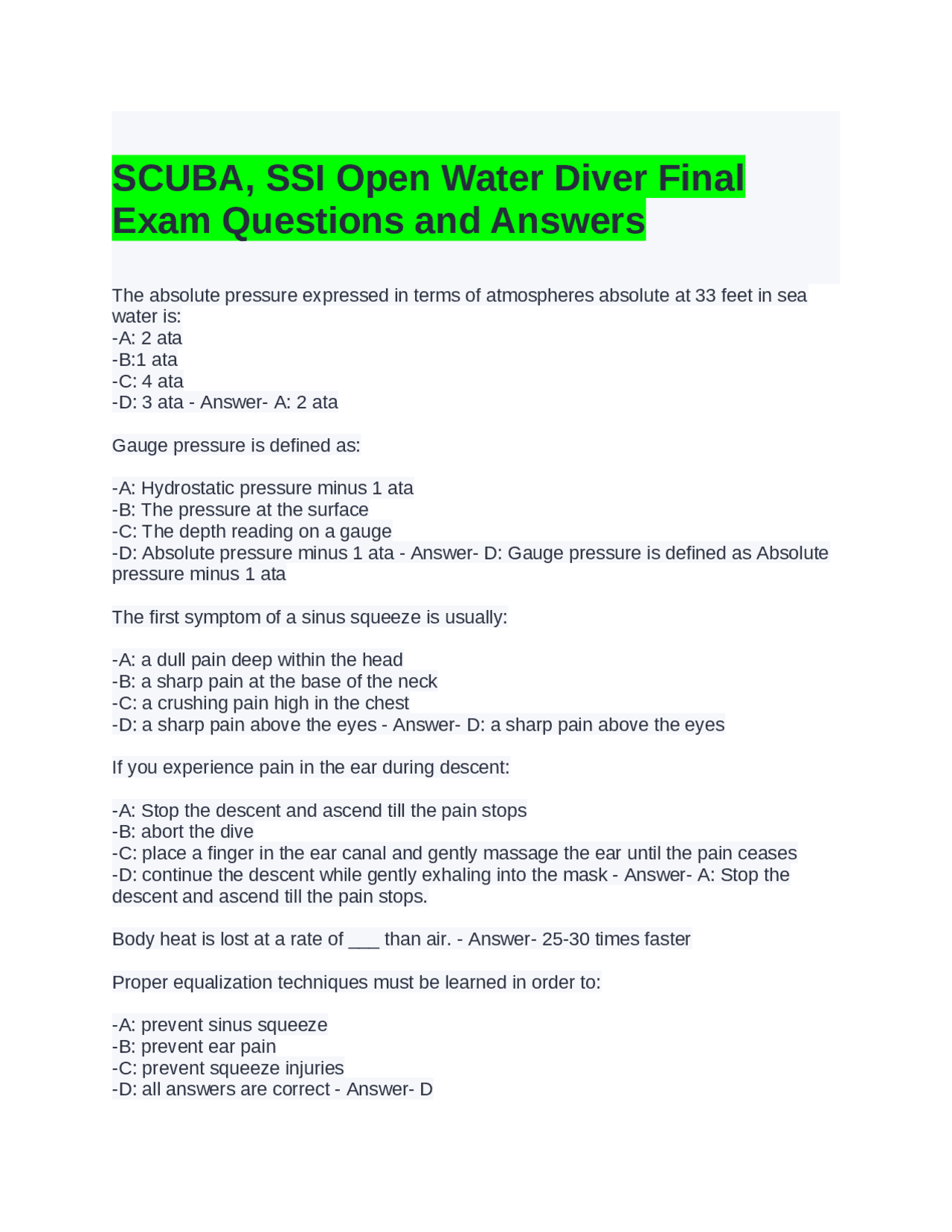 SCUBA, SSI Open Water Diver Final Exam Questions and Answers | Exams ...