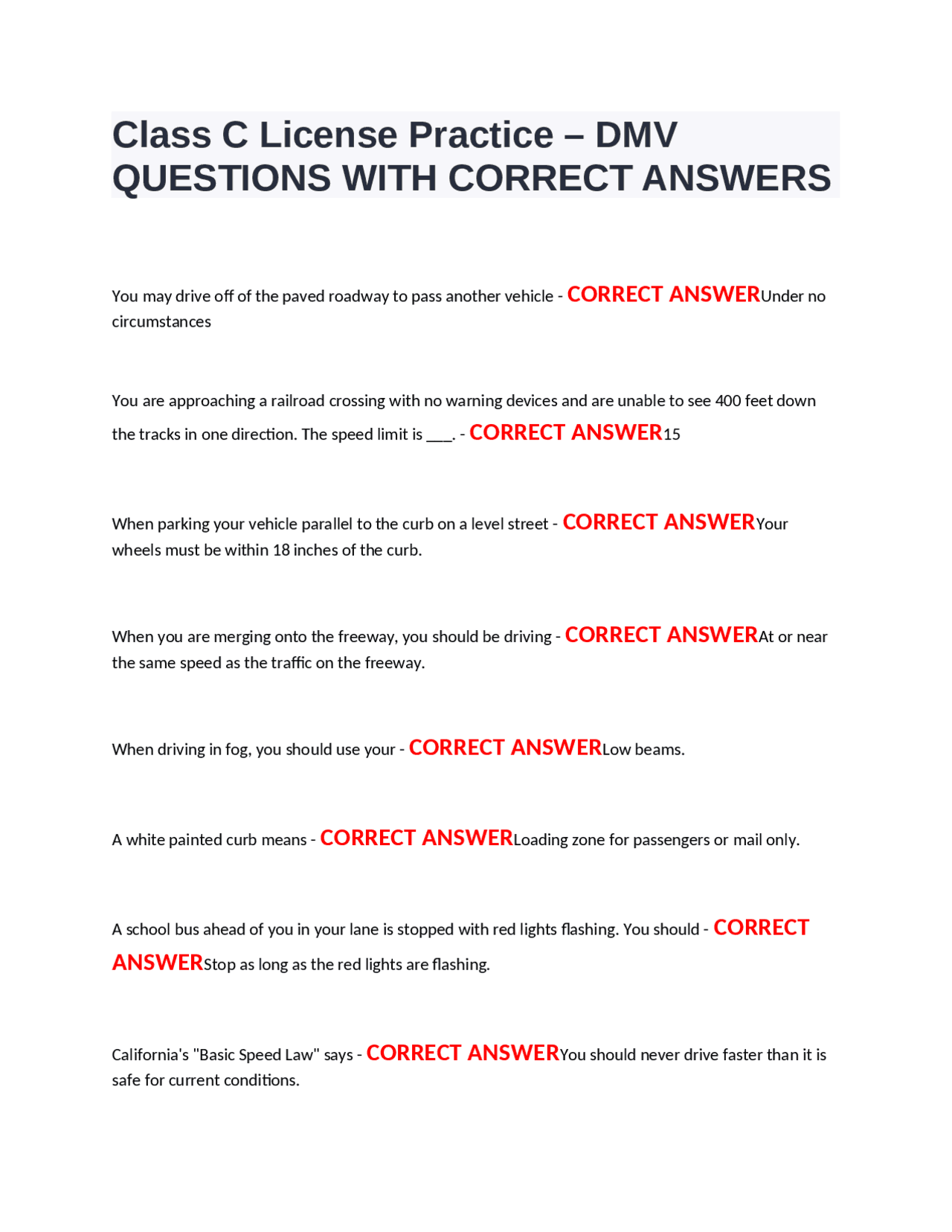 Class C License Practice – DMV QUESTIONS WITH CORRECT ANSWERS | Exams ...