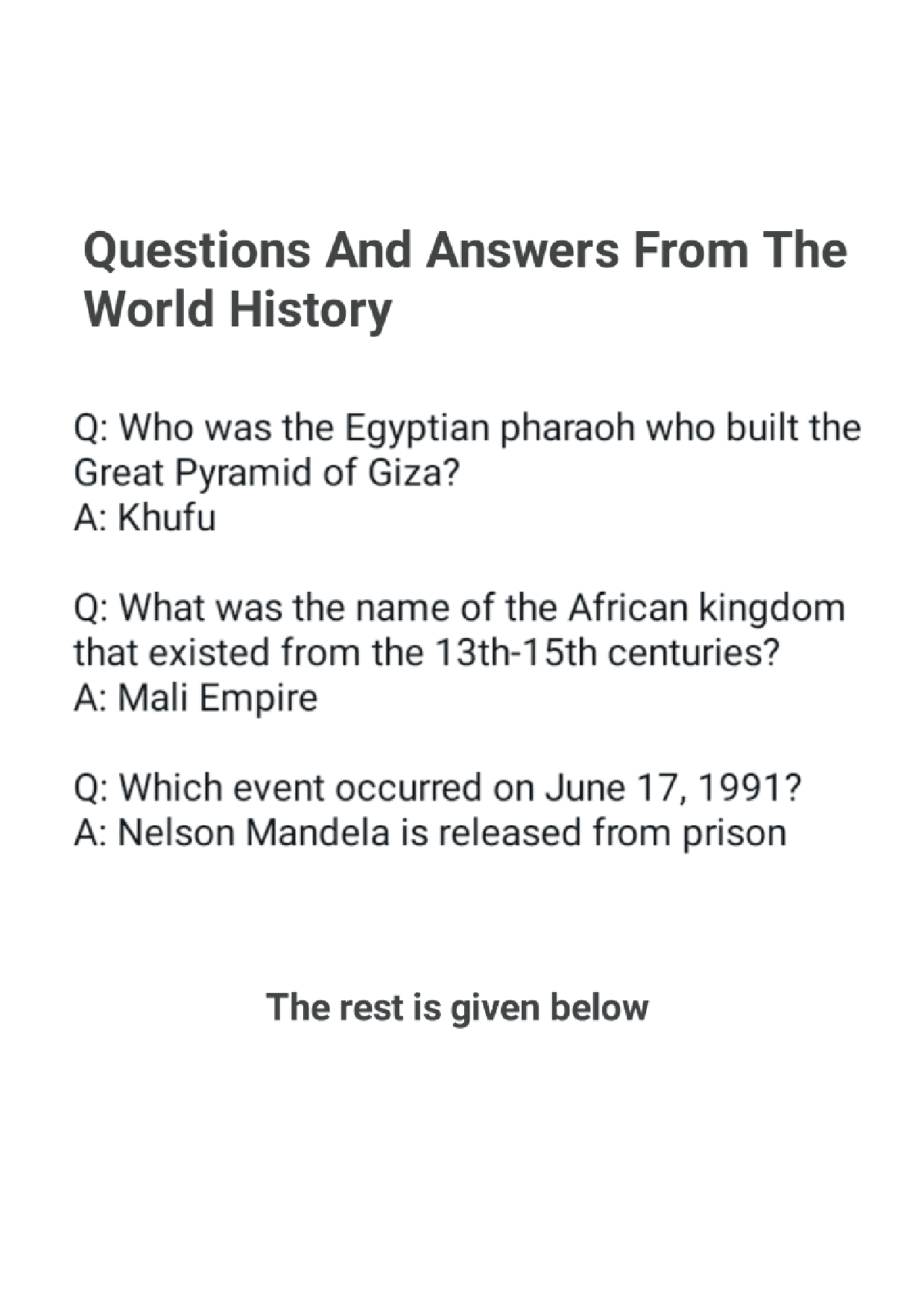 Questions And Answers From The World History | Exercises History | Docsity