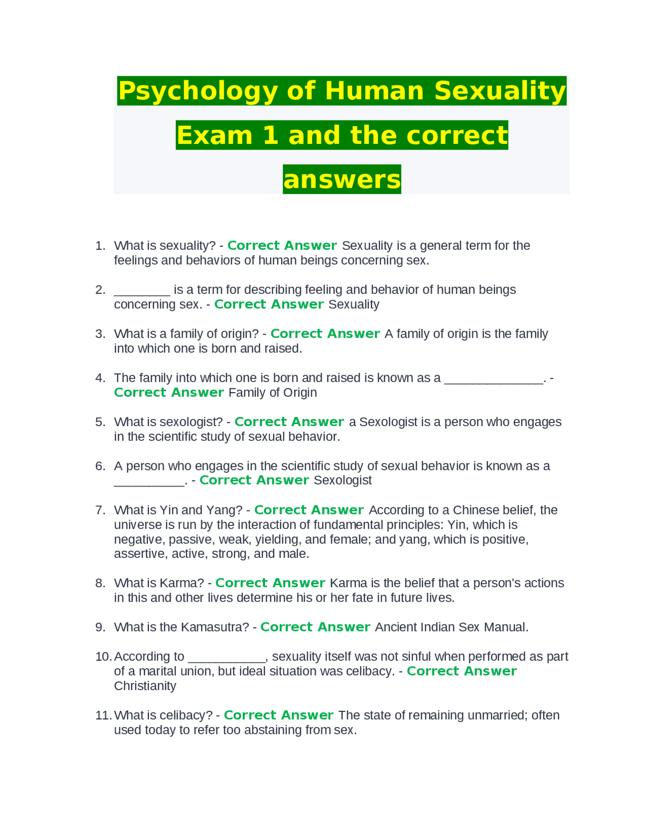 Psychology of Human Sexuality Exam 1 and the correct answers | Exams ...
