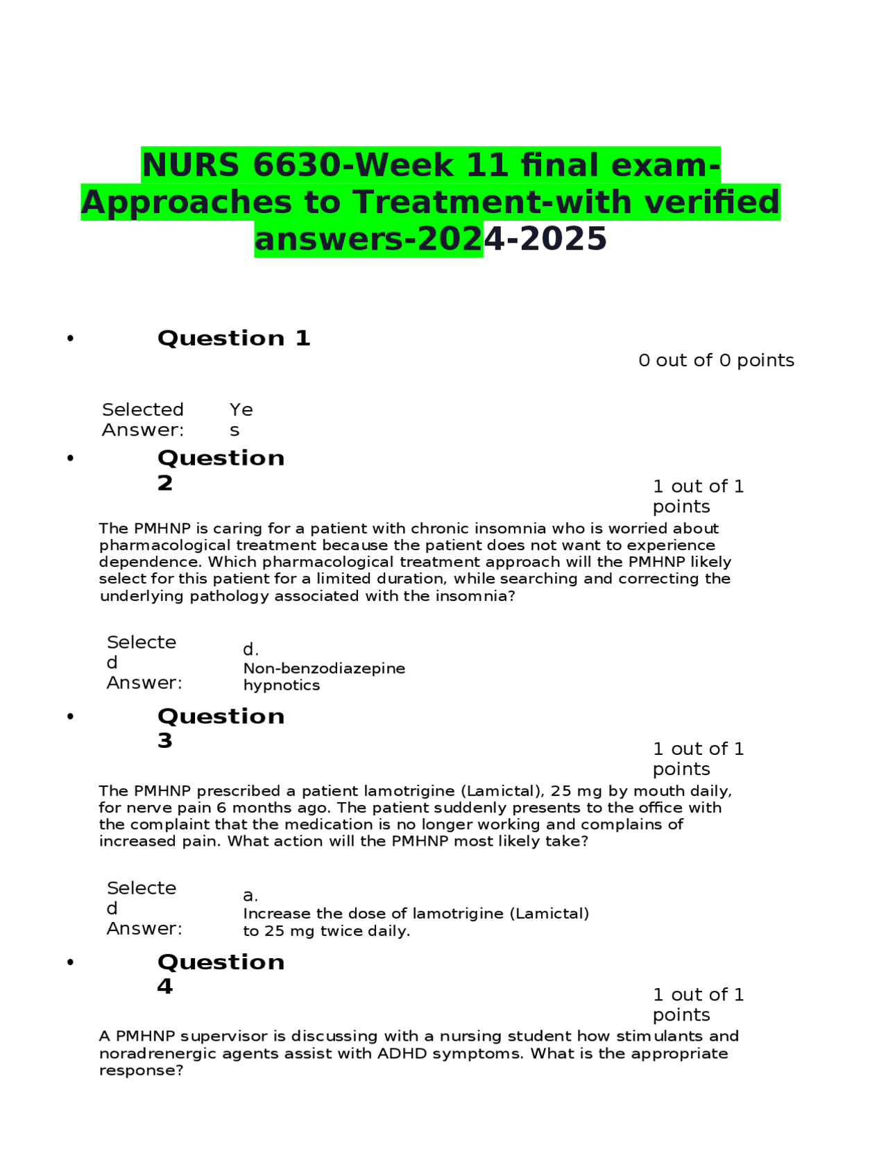 NURS 6630-Week 11 final exam- Approaches to Treatment-with verified ...