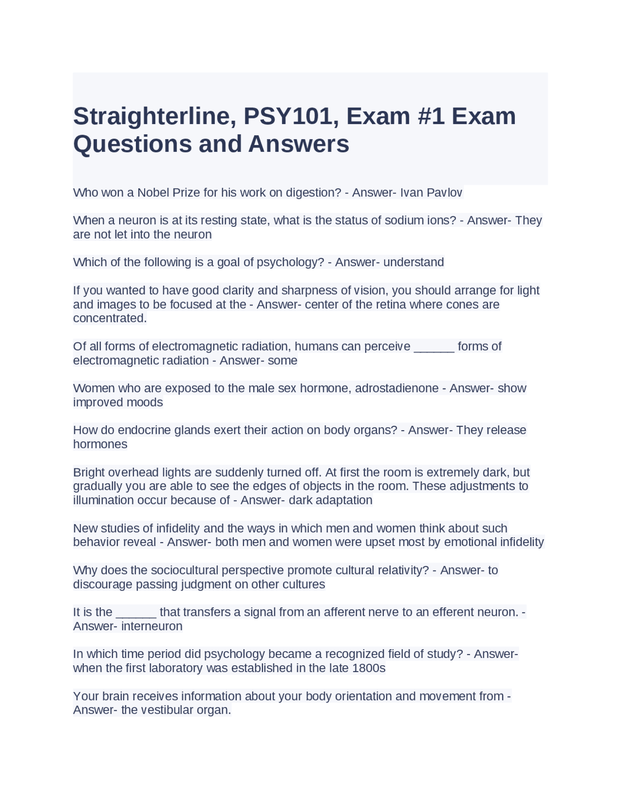 Straighterline, PSY101, Exam #1 Exam Questions and Answers | Exams ...