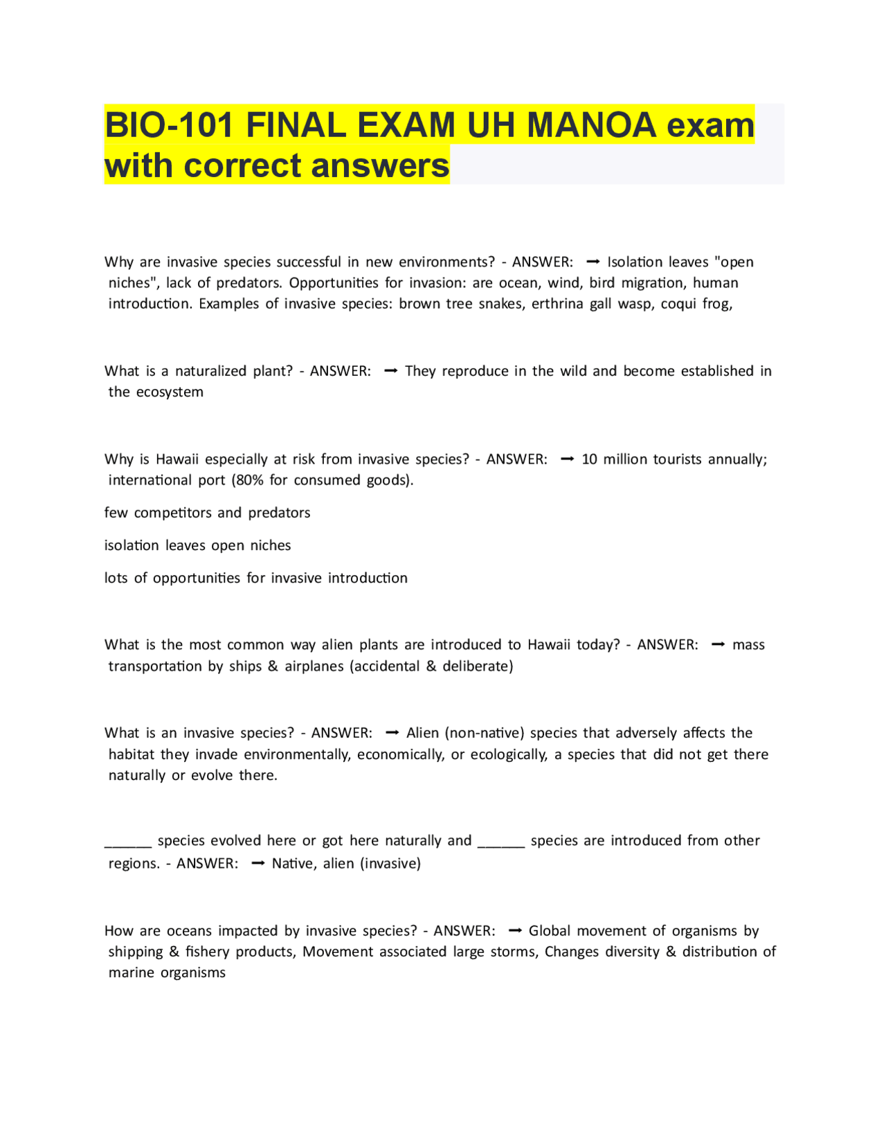 BIO-101 FINAL EXAM UH MANOA exam with correct answers | Exams Biology ...