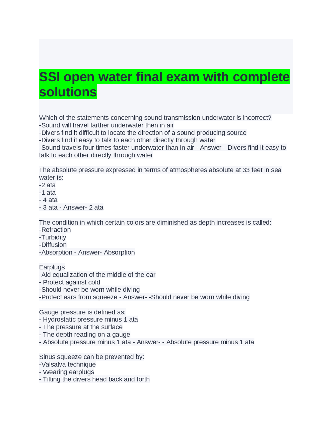 SSI open water final exam with complete solutions | Exams Advanced ...
