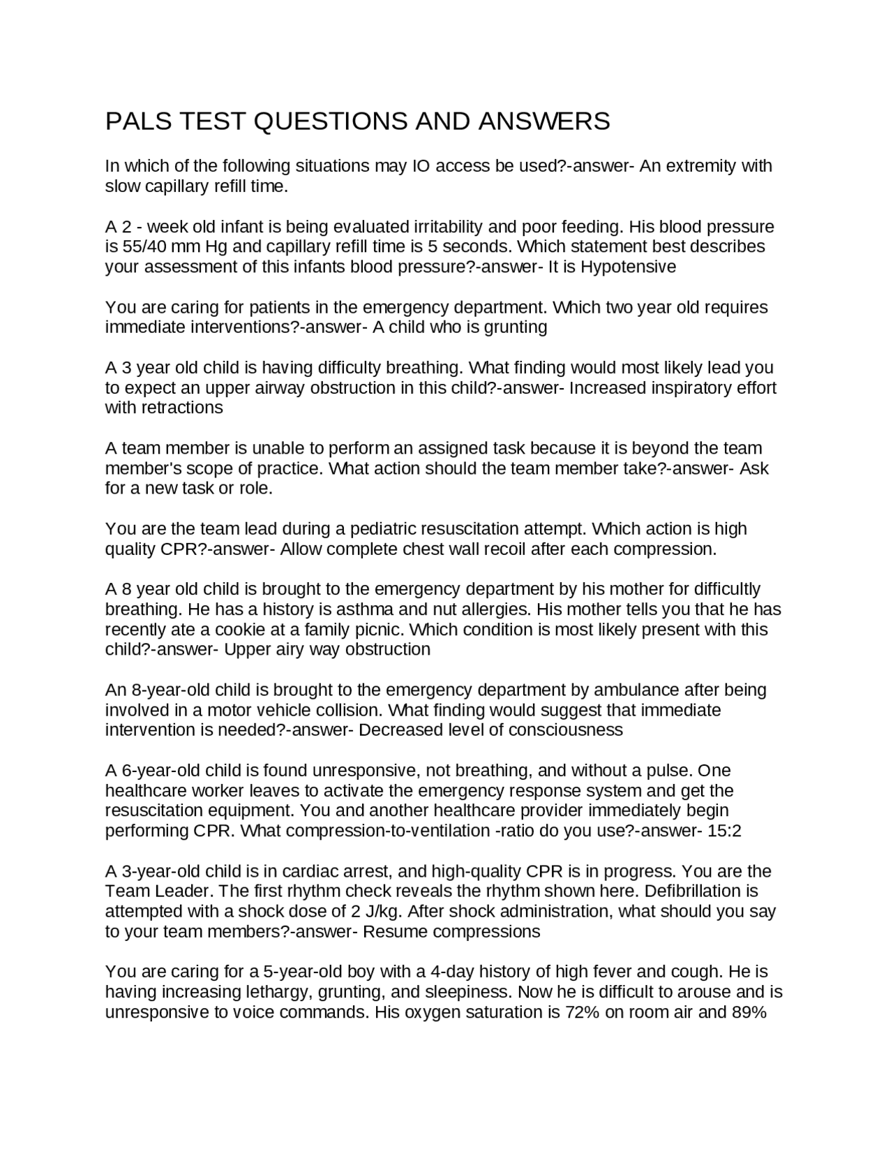 PALS TEST QUESTIONS AND ANSWERS | Exams Nursing | Docsity