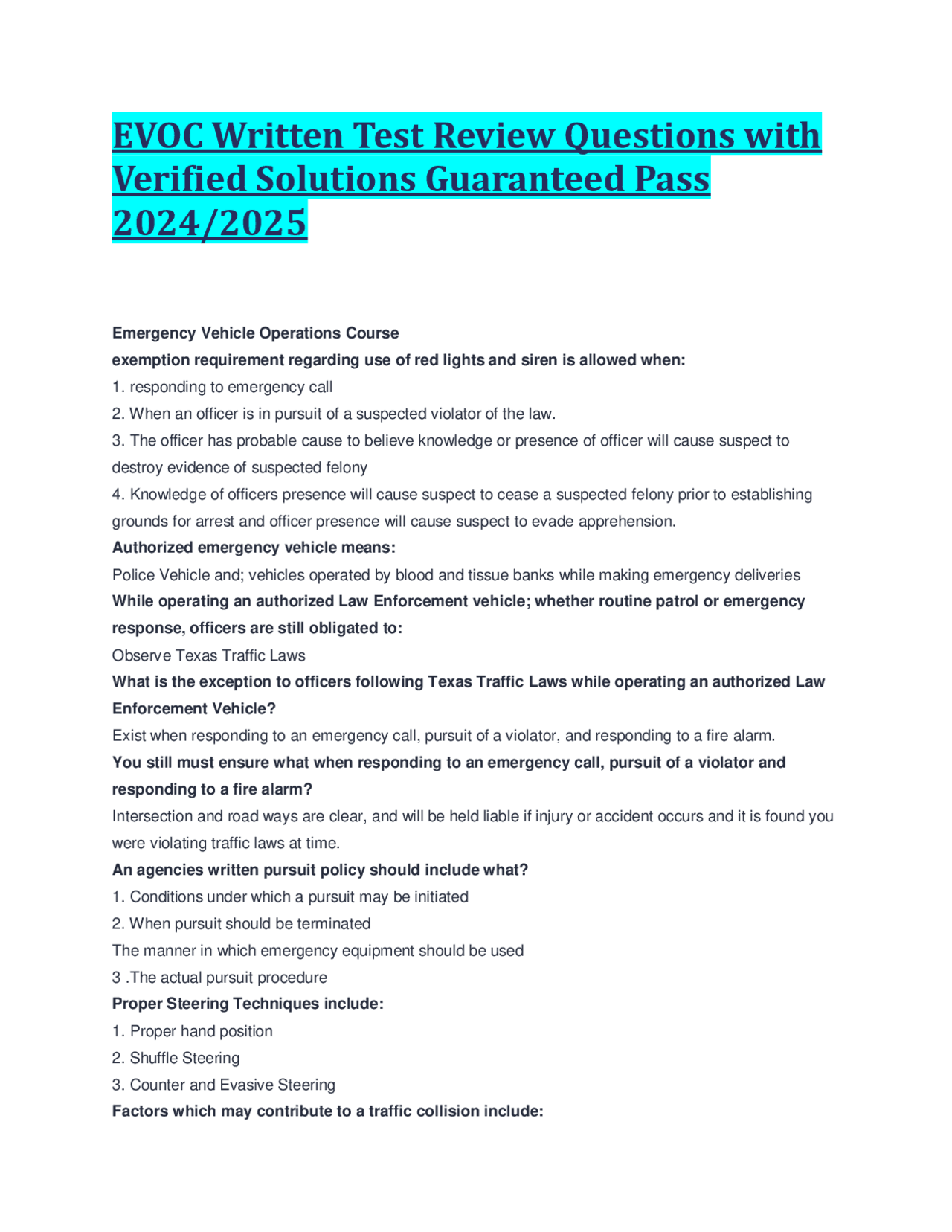 EVOC Written Test Review Questions with Verified Solutions Guaranteed ...