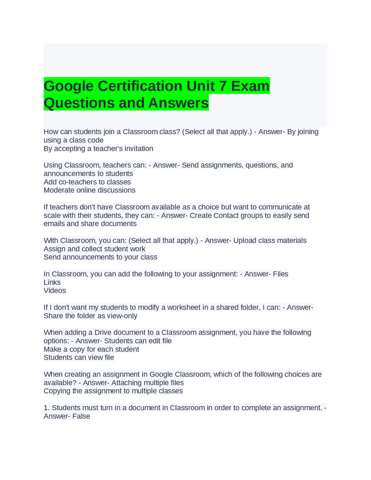 Google Certification Unit 7 Exam Questions and Answers | Exams Advanced ...