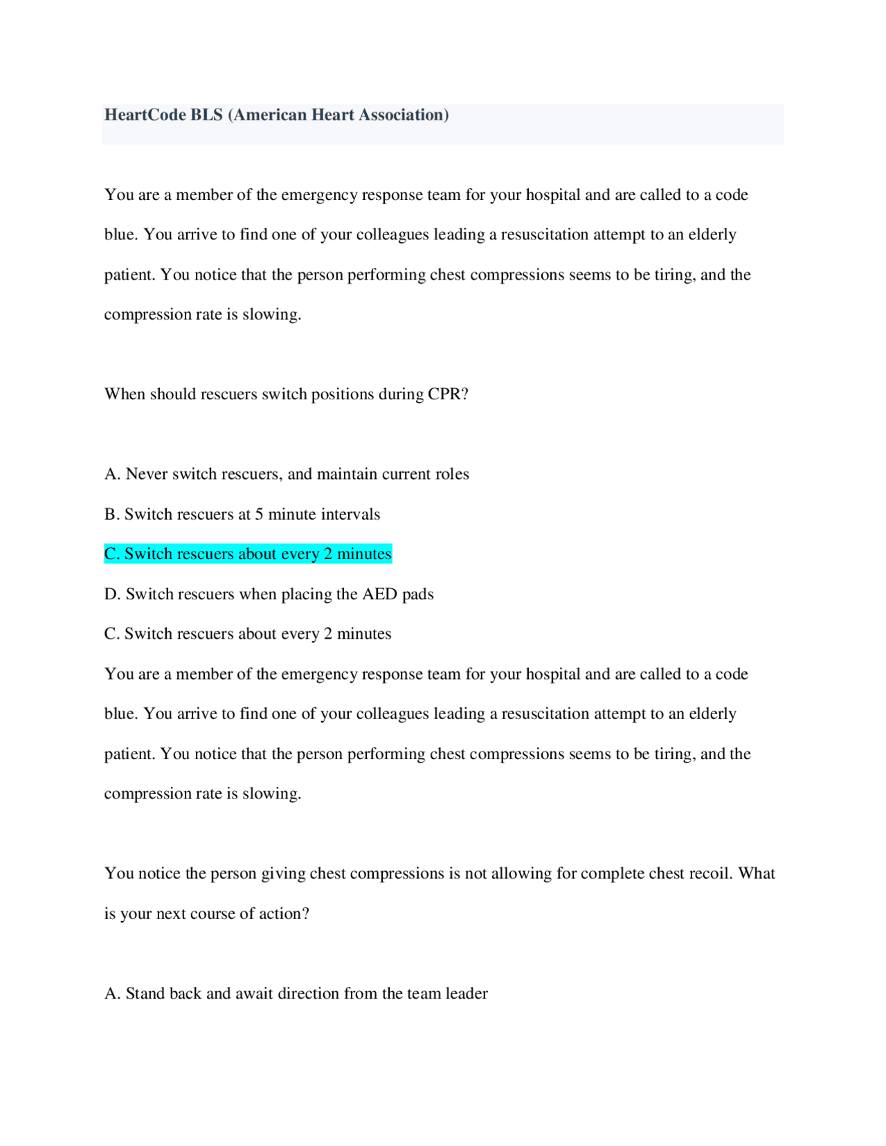 HeartCode BLS (American Heart Association) | Exams Nursing | Docsity