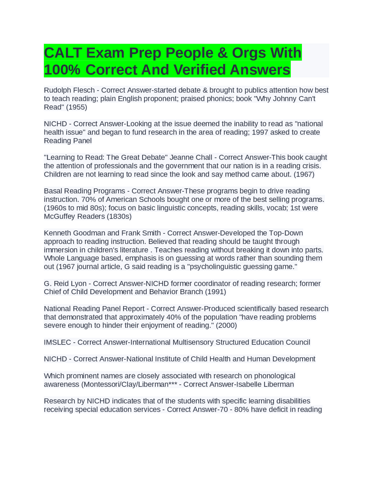 CALT Exam Prep People & Orgs With 100% Correct And Verified Answers ...